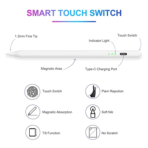 Stylus Pen for iPad with Palm Rejection, Apple Pencil for (2018-2022) iPad Pro 11/12.9, iPad 10th/9th/8th/7th/6th Gen, iPad Air 5th/4th/3rd Gen,iPad Mini 6/5 with 4ps Nibs