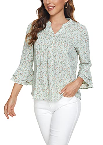 olrain Womens Summer Floral Printed V-Neck Swing Tunic 3/4 Bat Wing Short Sleeve Chiffon Tops Blouse Shirts (Light Green, X-Large)