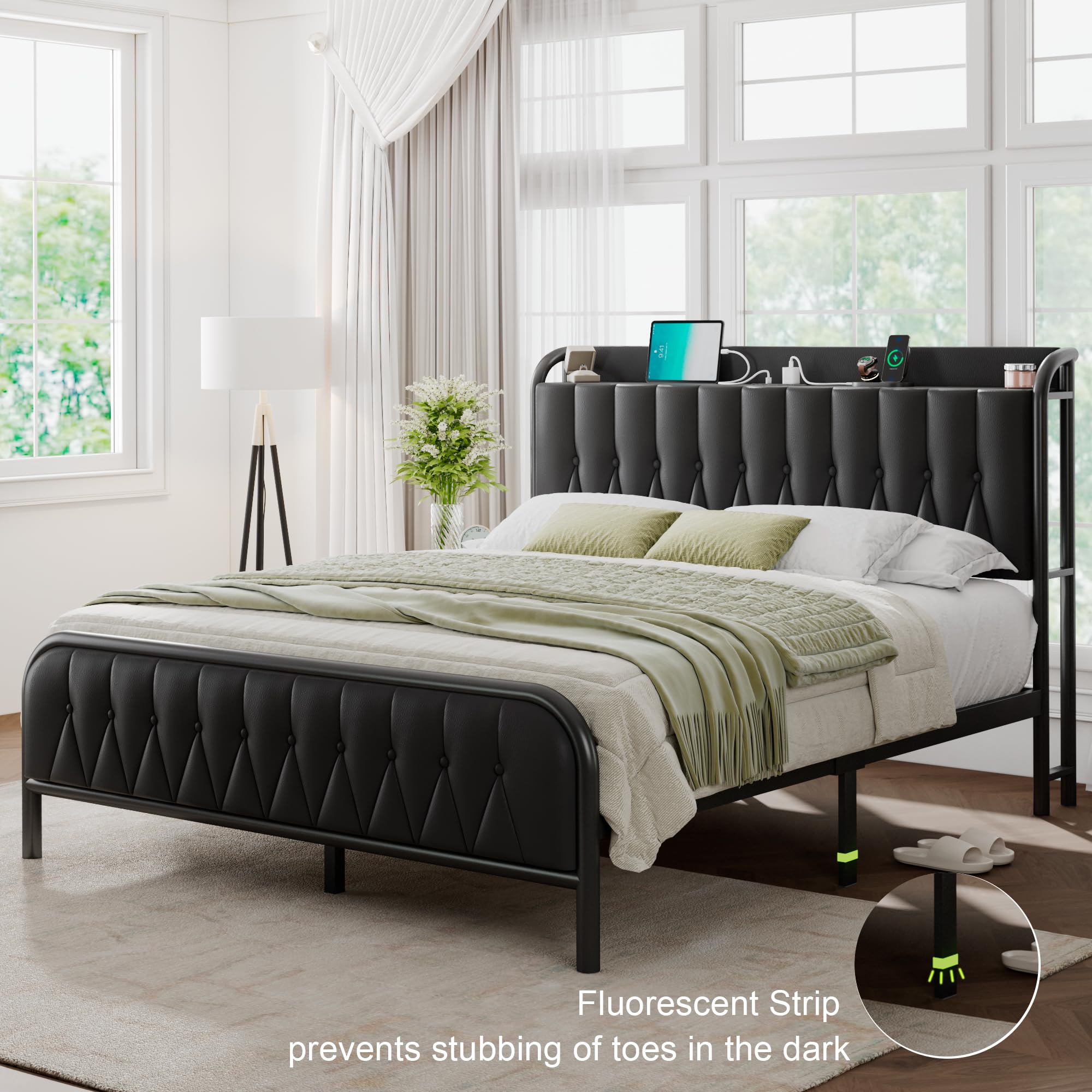 Feonase Leather Queen Bed Frame with Fast Charging Station,Queen Size Metal Platform Beds with Upholstered Headboard & Footboard,12" Underbed Storage Space,Easy Assembly,Noise-Free,Black