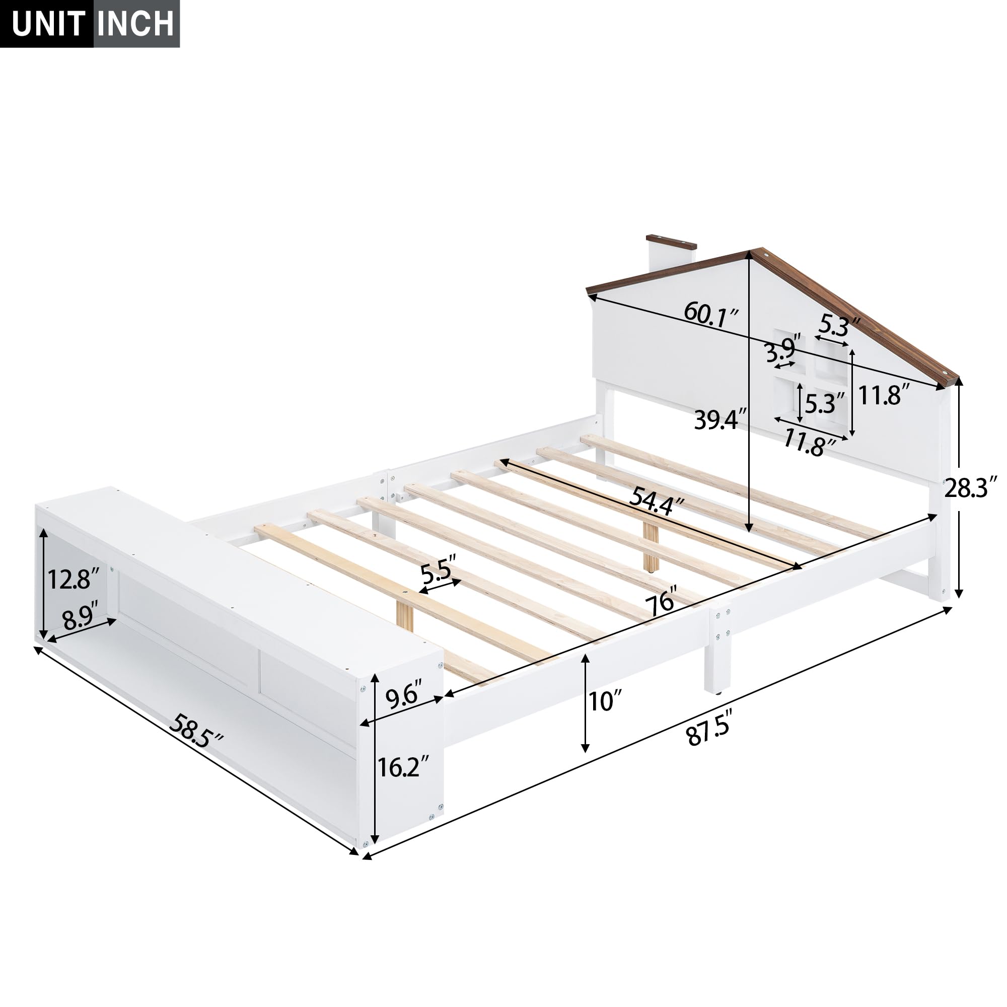Merax Full Size Platform Bed, Wood Full House Platform Bed Frame with LED Lights and Storage, White