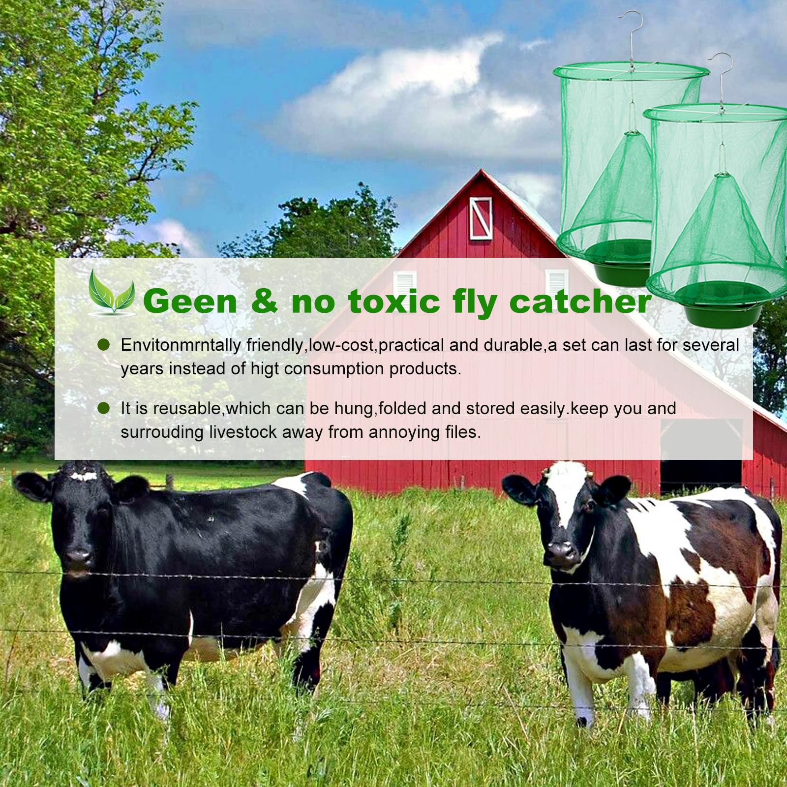 FOTWUZ 4 Pack Ranch Fly Traps - Reusable Fly Traps Outdoor Indoor Hanging,Stable Fly Traps with Bait-Tray Fly Catcher Cage Fly Net Bag for Farms,Park, Restaurants, Green