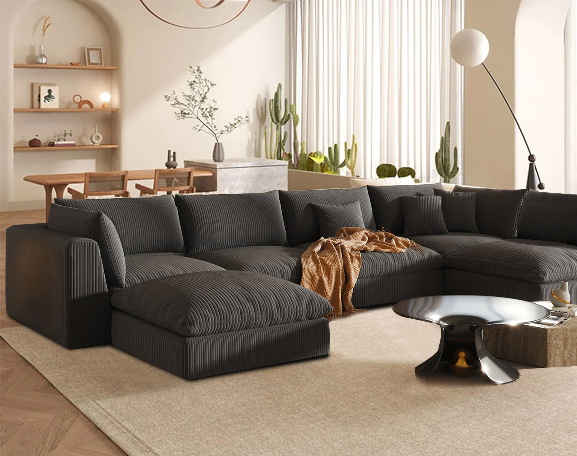 KCHUSAL Cloud Couch Sectional,156'' Oversized Corduroy Sectional Sofa Couch, Cloud Modular Couch with Ottoman, Deep Seat Couches for Modern Living Room/Office (Velvet, 6 Seater+Dark Grey)
