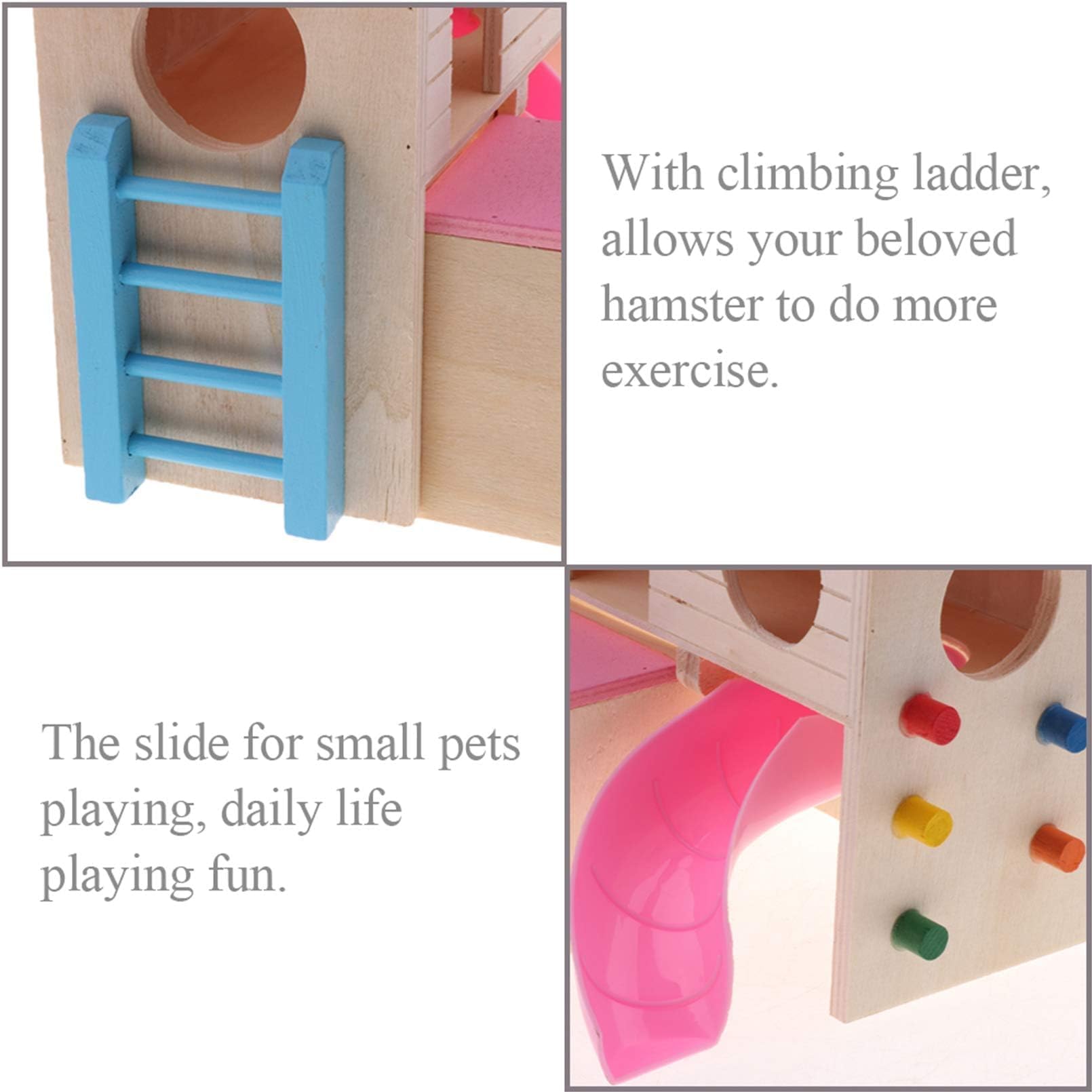 kathson Pet Small Animal Hideout Hamster House with Funny Climbing Ladder Slide Wooden Hut Play Toys Chews for Small Animals Like Dwarf Hamster and Mouse(Pink)