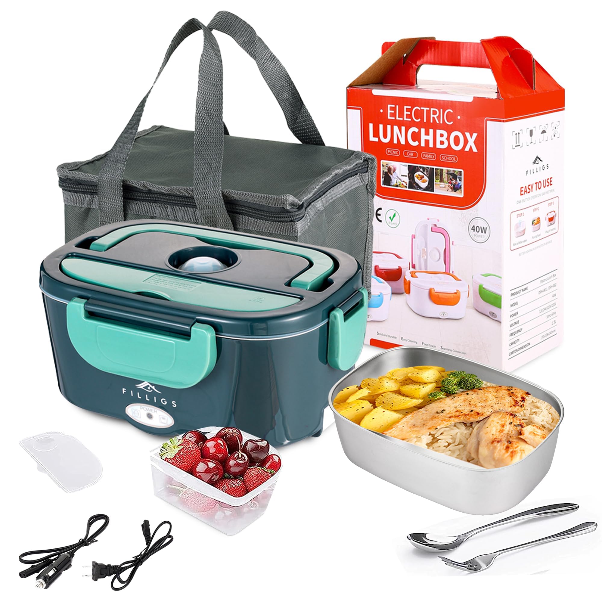 Filligs Electric Lunch Box Food Heater, 110V 12V 24V, Food Warmer for Office, Truck, Car, Work, With Removable Stainless Steel Container, Loncheras Electricas Para Calentar Almuerzo