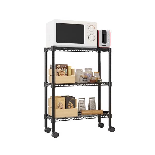 Imseigo 3-Layer Adjustable Metal Storage Shelf,Plastic Coated,1.5" Plastic Wheel Casters,Mobile Iron Organizer Wire Rack,23.6" L x 13.8" W x 33.5" H for Indoor Living Room,Kitchen,Corridor,Bedroom