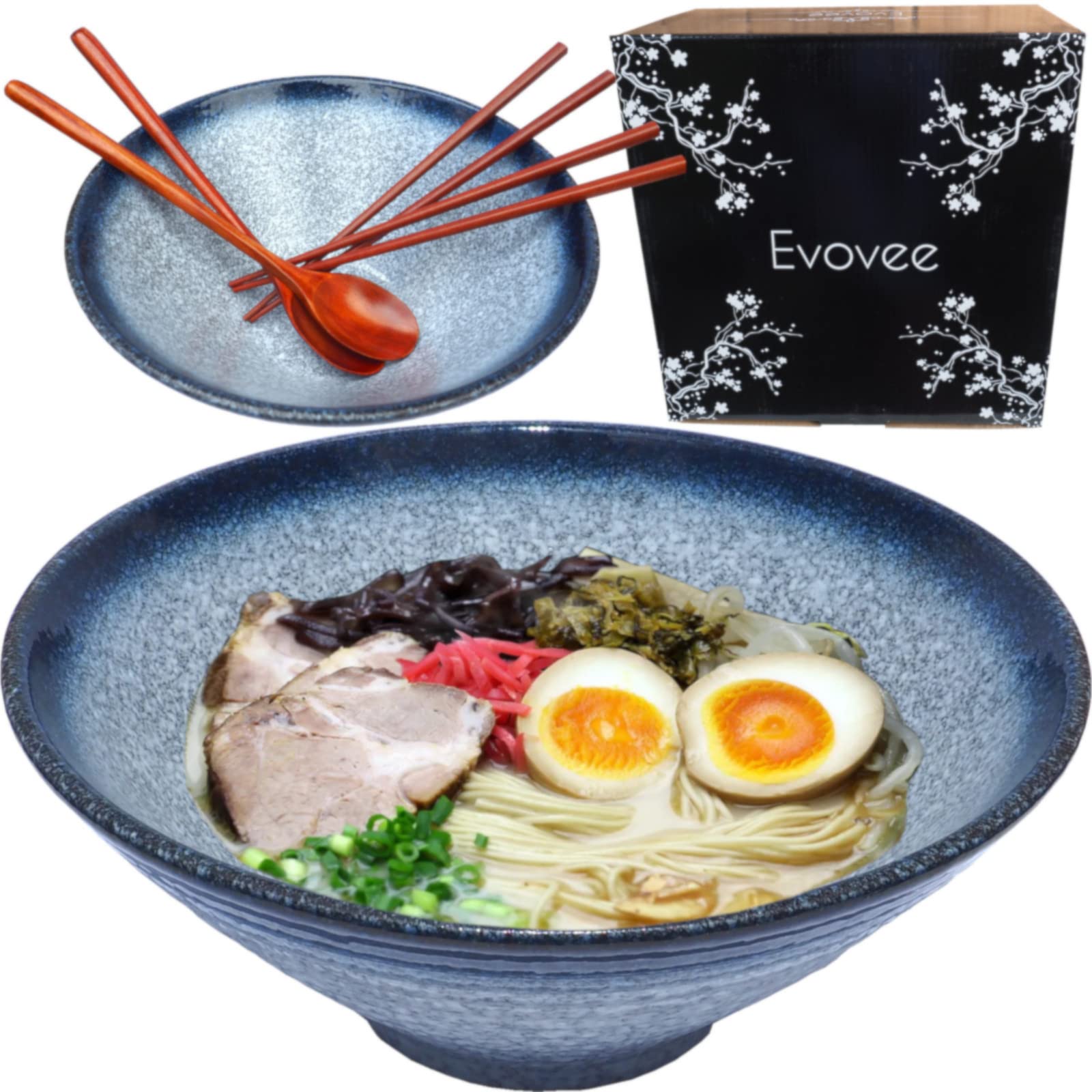 Evovee Japanese Ramen Bowls and Spoons Set 60 oz Ceramic Extra Large Asian Noodle Bowls Ramen Bowls and chopsticks and spoons set of 2 Japanese Bowls Pho Bowl Ramen Bowl Set 9 inch Blue