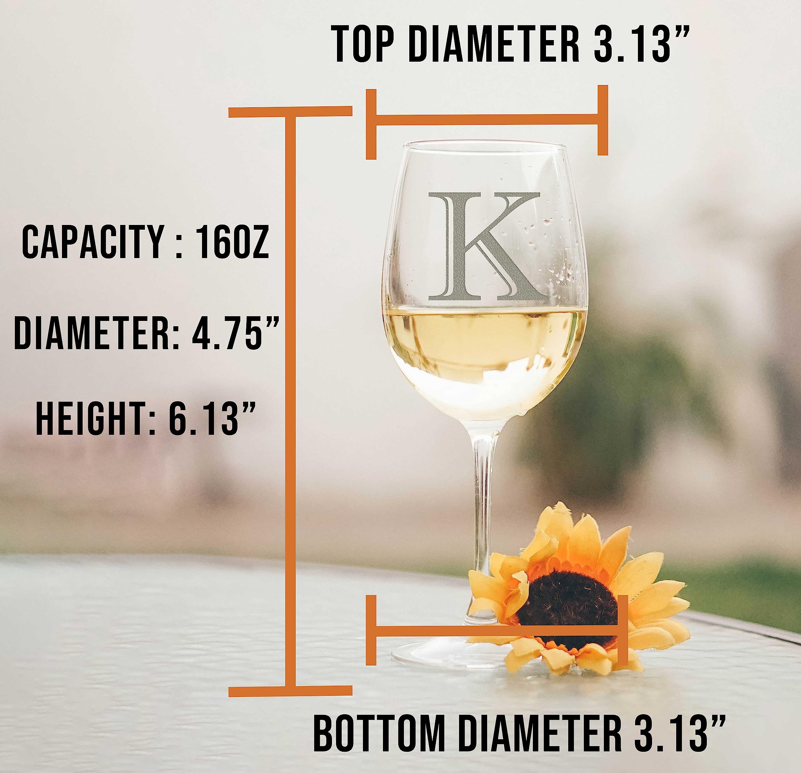 Etched Monogram 16oz Stemmed Wine Glass (Letter K) – A-Z Customized Gifts for Women, Personalized Wine Gifts for Women, Custom Engraved Gift for Wedding, Wine Accessories for Wine Lovers, Mom, Sister