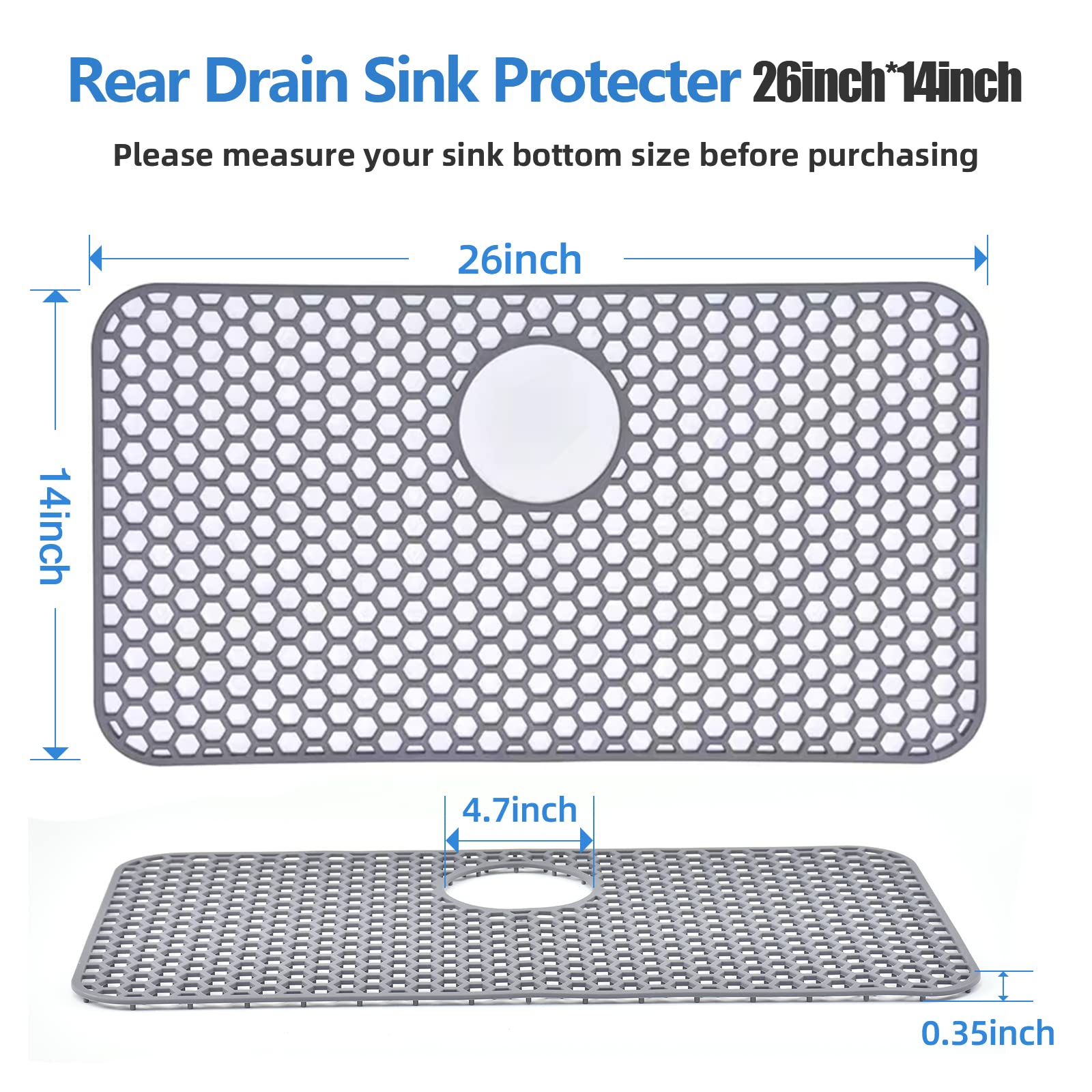 Eqivei Silicone Sink Protectors for Kitchen, 26''x 14'' Heat Resistant Kitchen Sink Mat for Bottom of Stainless Steel/Porcelain Sink,Rear Drain, No-Slip Sink Grid Accessories