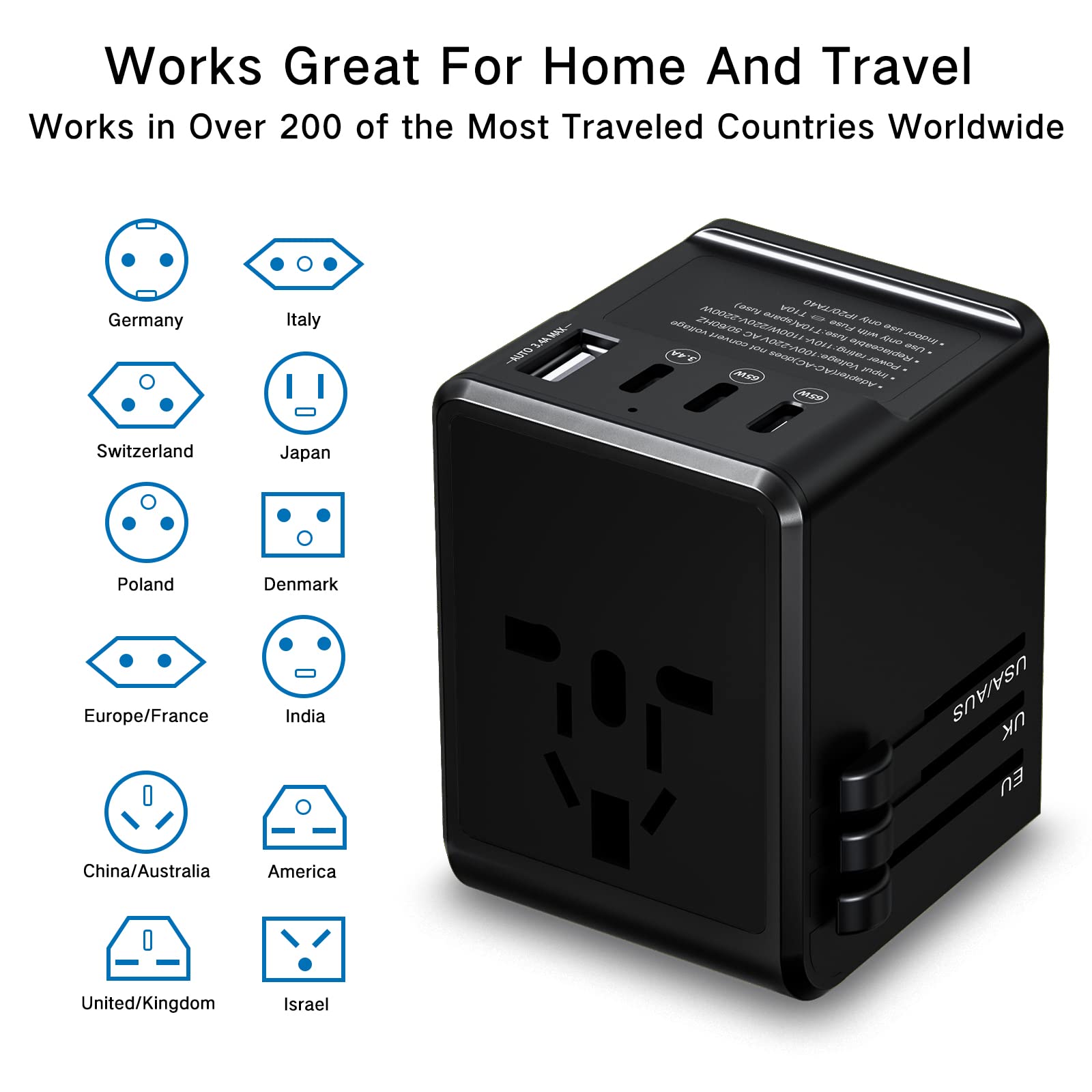 Global Travel Adapter 65W Fast Charger with 3 Type-c and 1 USB Universal Travel Plug adapters with 1M Lightning Cable for Over 200 Countries Including UK Japan China EU (Black)