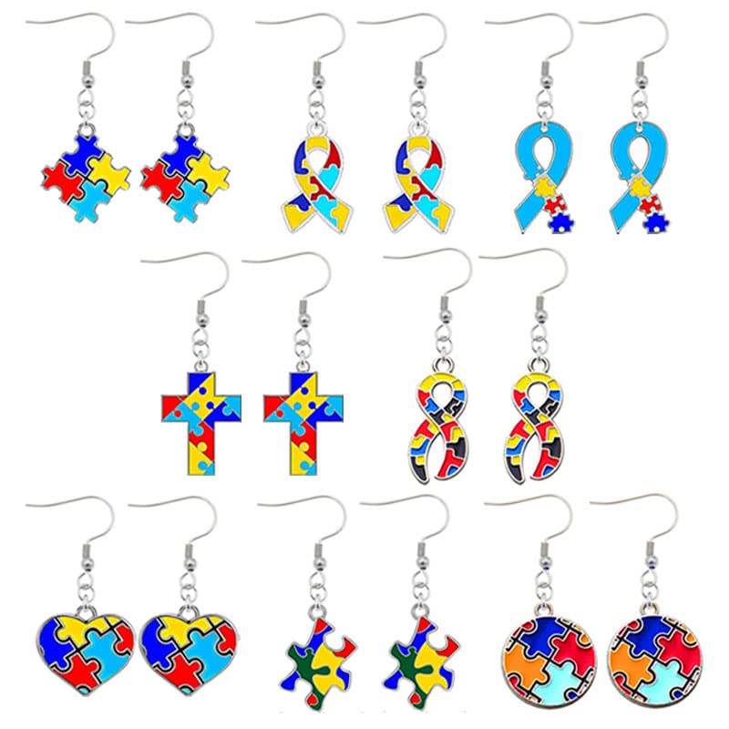 Dreuyet 8 Pairs Autism Awareness Earring Set for Women Creative Multi Color Awareness Jigsaw Autism Puzzle Geometric Earrings Jewelry (8 Pairs Autism Puzzle)