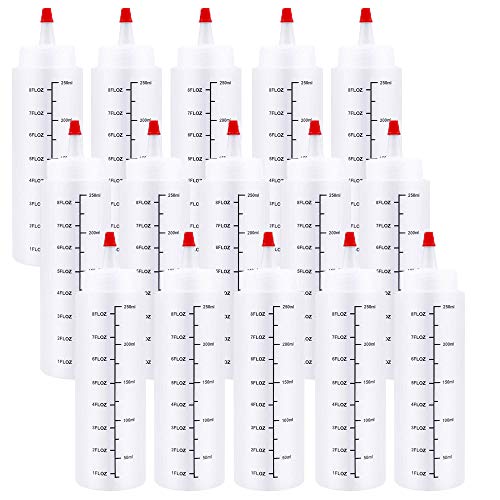 Haawooky 15 Pack 8oz Plastic Scale Squeeze Bottle,Clear Condiment Squeeze Bottles,Squirt Bottles with Red Tip Cap for Ketchup,BBQ,Sauces,Art and Crafts
