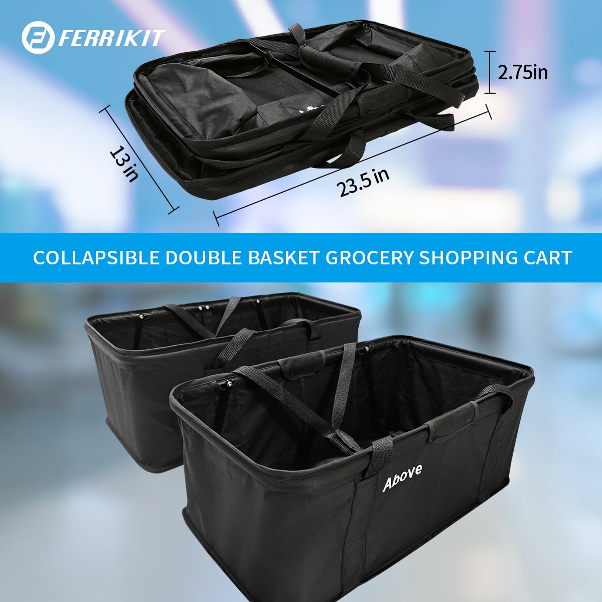 Ferrikit 2-Tier Grocery Shopping Cart Foldable Double Canvas Baskets Collapsible Folding Hand Truck Heavy Duty Trolley Sturdy Lightweight Funcitonal Multi Use Moving Shopping Storage Cart 360 Rotation
