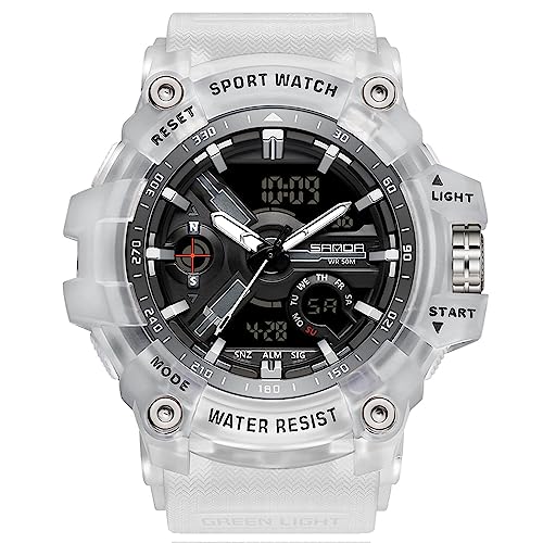 KXAITO Men's Analog Sports Watch Military Watch Outdoor LED Stopwatch Digital Electronic Large Dual Display Waterproof Tactical Army Wrist Watches for Men 3179 (Translucent White)