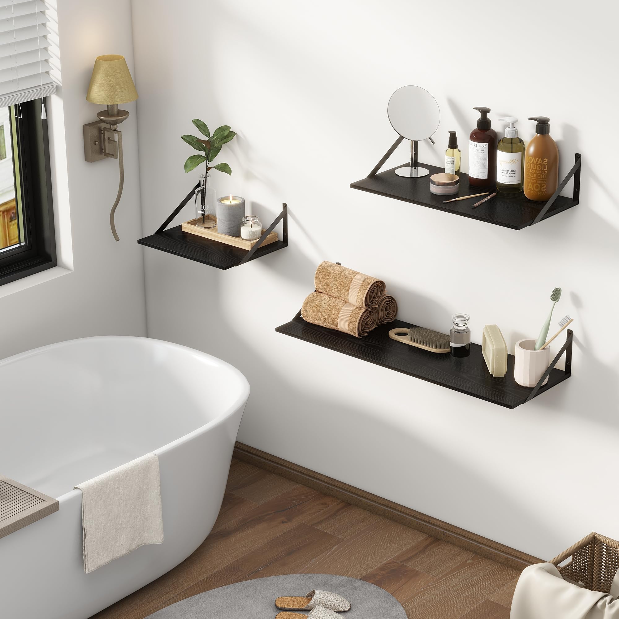 Fun Memories Deep Floating Shelves for Wall, 12 Inch Deep Black Floating Shelves Set of 2, 16" W x 12" D Wall Shelf, Wide Display Ledges Shelves for Bedroom, Bathroom, 12 Deep Bookshelf Wall Mounted