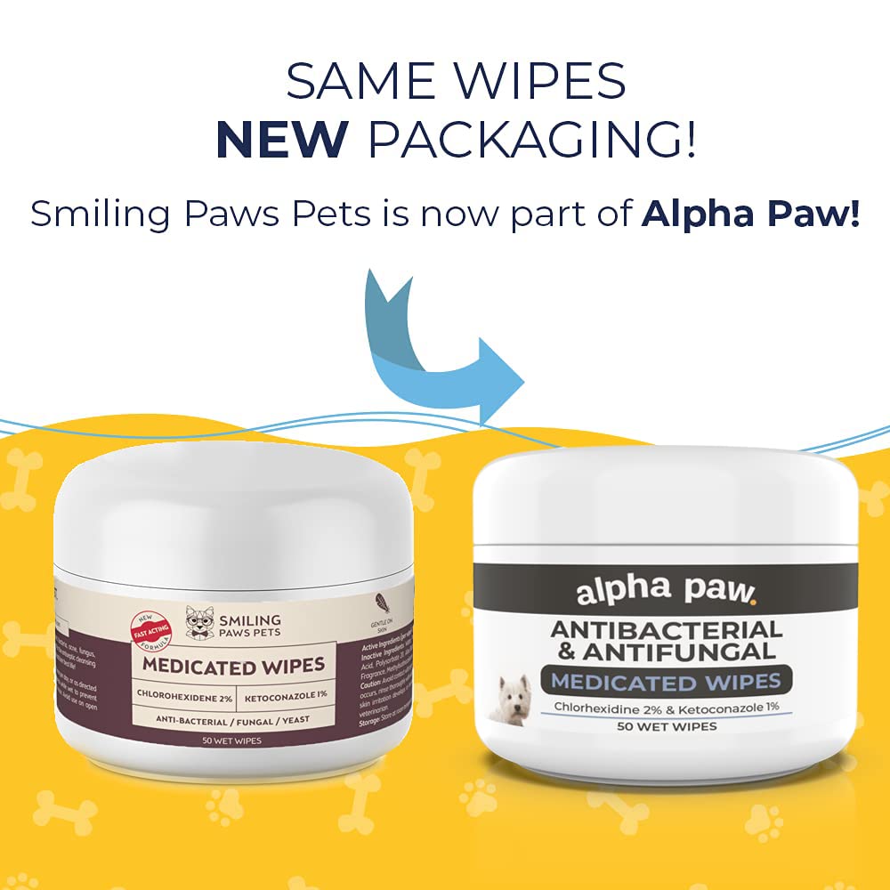 Smiling Paws Pets - Antibacterial & Antifungal Wipe for Dogs & Cats - Contains Ketoconazole & Chlorhexidine - Skin Treatment for Yeast Infection, Ringworm, Pyoderma, Bacteria & Fungus - 50ct (2 Pack)