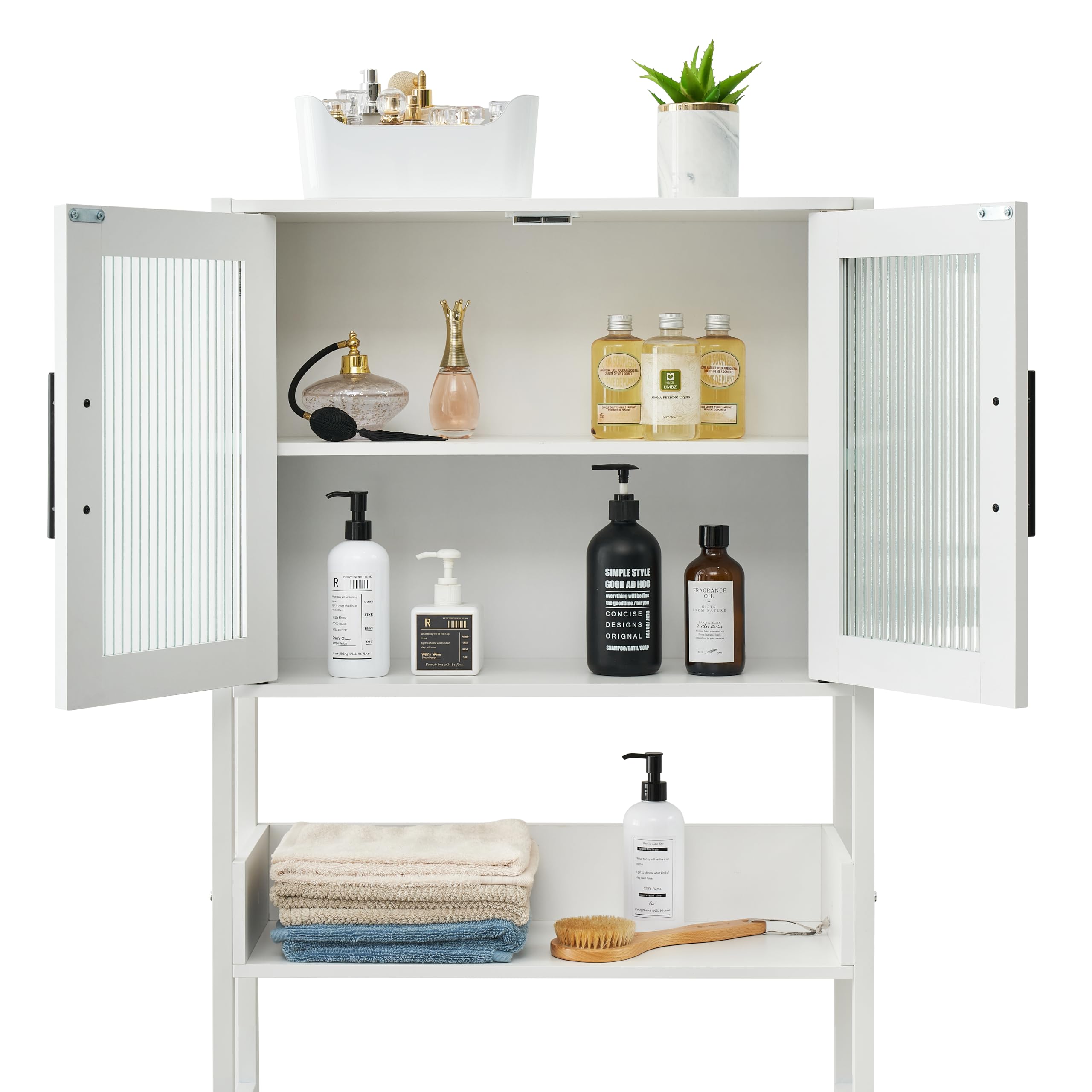 IDEALHOUSE Over The Toilet Storage Cabinet with Glass Doors, Bathroom Above Toilet Storage Cabinet with Adjustable Shelves, Large Capacity Bathroom Organizer, White