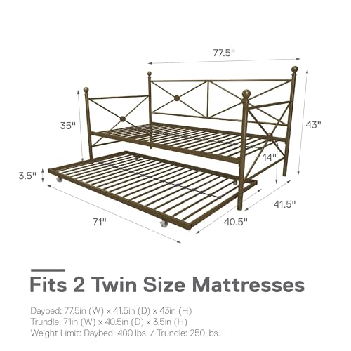 DHP Lina Metal Daybed with Trundle, Twin Size Sofa Bed Frame, Gold