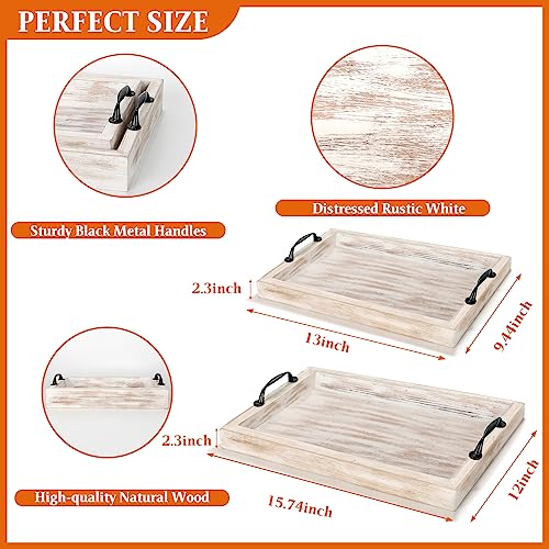 Set of 2 Rustic Farmhouse Wooden Serving Tray with Handles, Nesting White Decorative Trays for Coffee Table Ottoman Kitchen Bed Dining Table Centerpiece Rectangular Tray for Food Fruits Coffee Candles