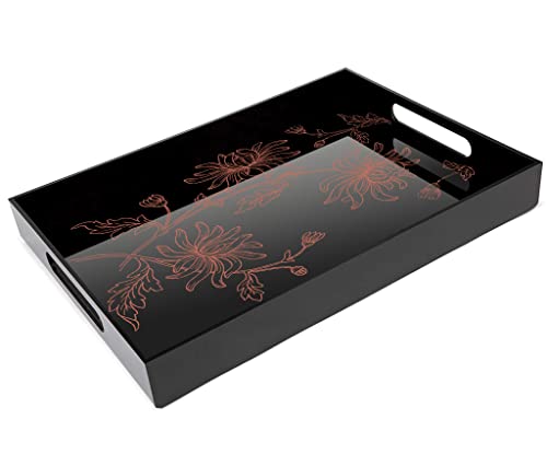 Hacaroa Black Acrylic Serving Tray with Handles, 17" x 12" Rectangular Breakfast Tray for Coffee Table, Appetizer, Tea, Decorative Floral Vanity Tray Organizer, Spill-Proof