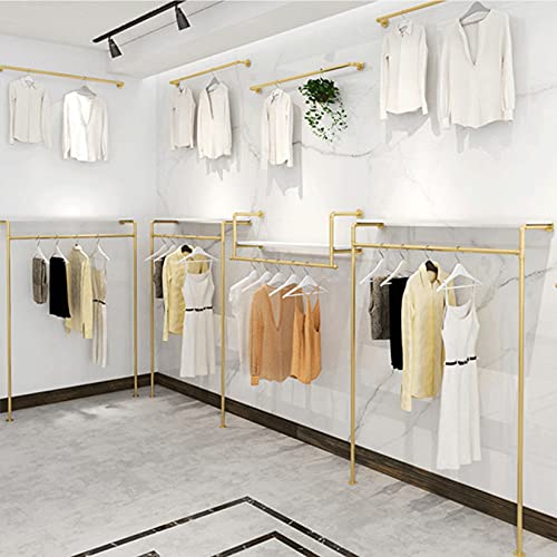 MDEPYCO Modern Simple Industrial Pipe Hanging Rods Clothing Rack,Retail Display Wall Mounted Storage Clothes Hanging Shelf, Wood Garment Rack (Gold, 47.2" L)