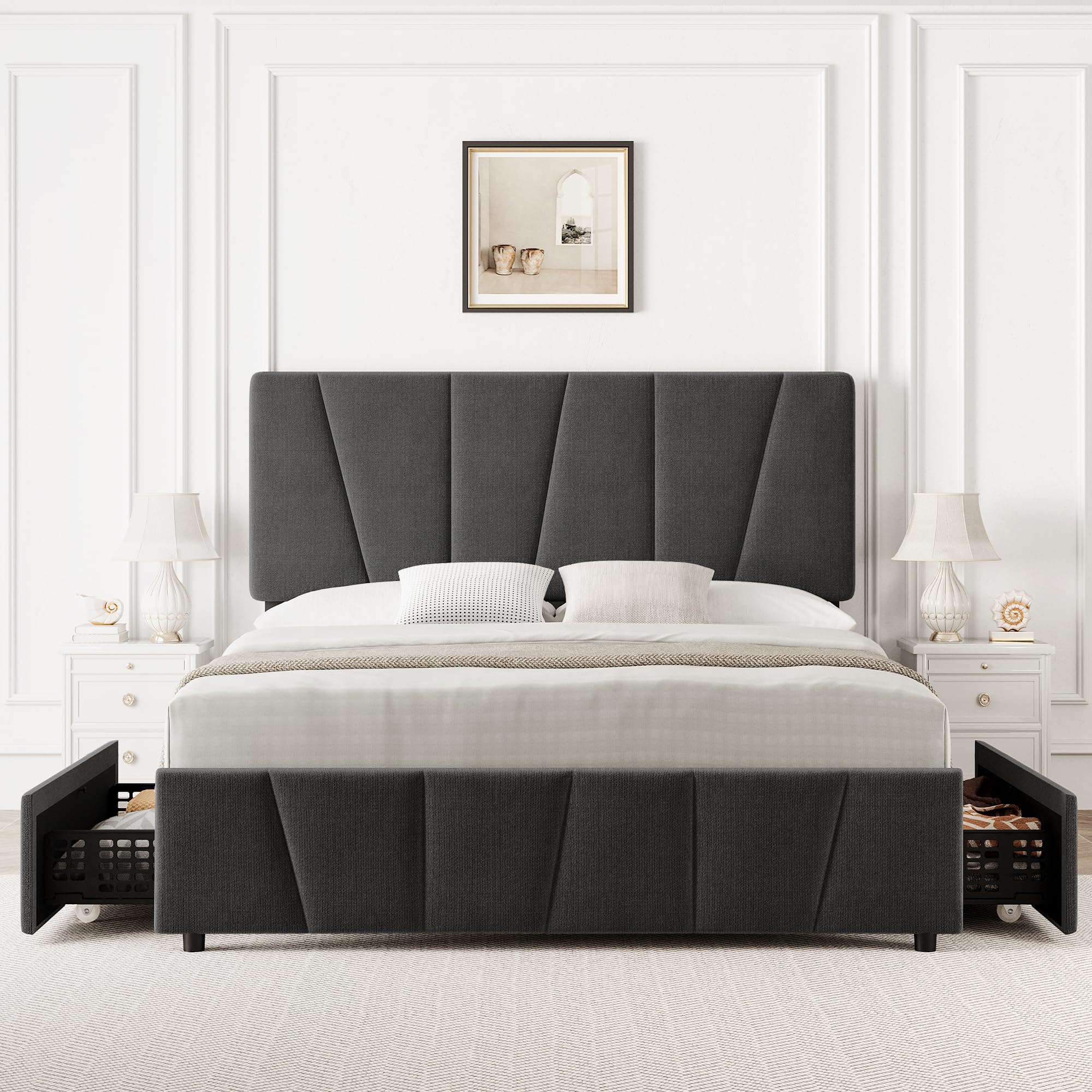 IDEALHOUSE Twin Size Bed Frame with Adjustable Headboard and 2 Storage Drawers, Upholstered Platform Bed Frame with Wooden Slats Support, No Box Spring Needed, Dark Grey