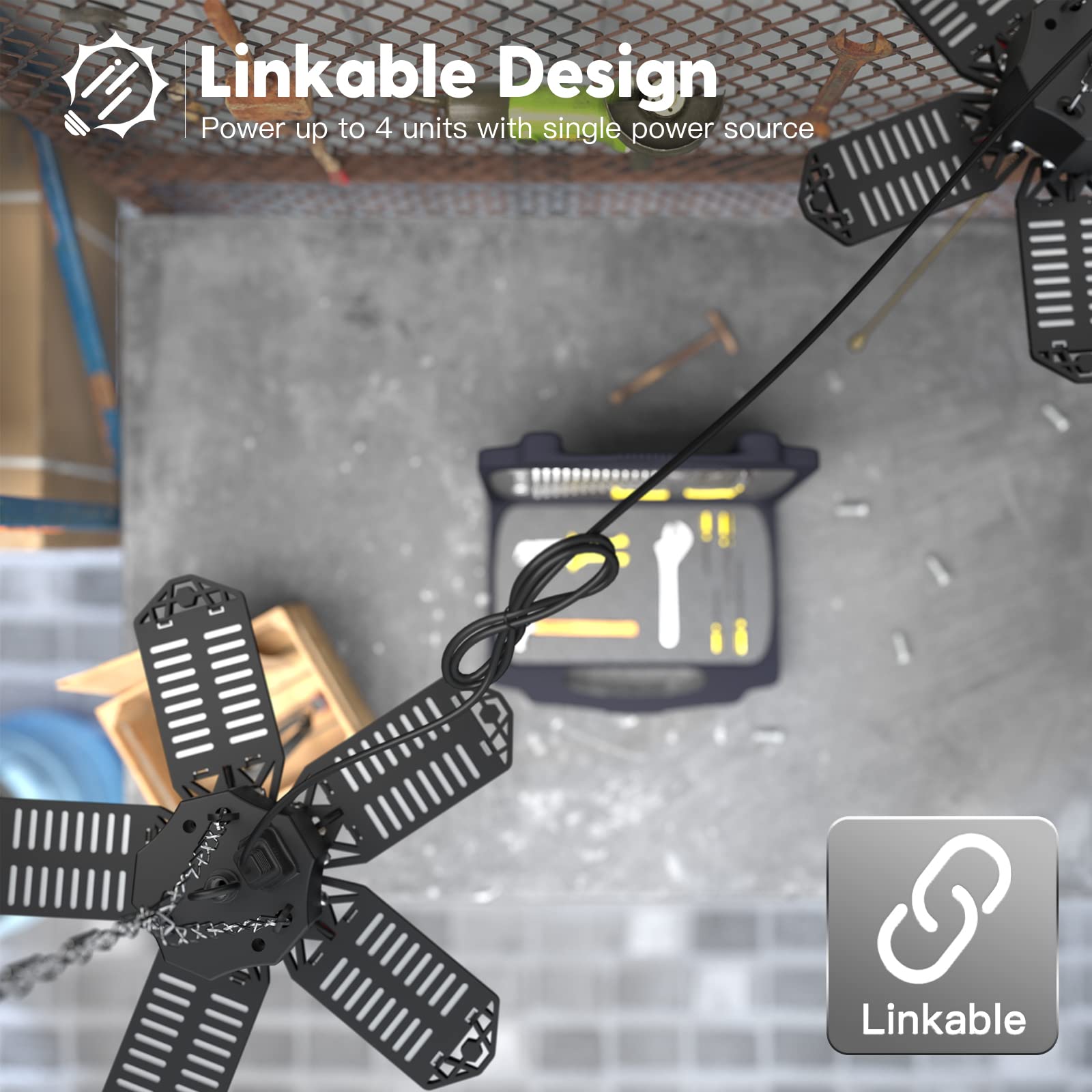 FREELICHT 2 Pack LED Plug in Garage Lights with Pull Chain(ON/Off), 12000LM Deformable Garage Ceiling Light with 5 Panels, 120W Linkable Hanging LED Shop Lights for Garage, Basement, Barn, Warehouse