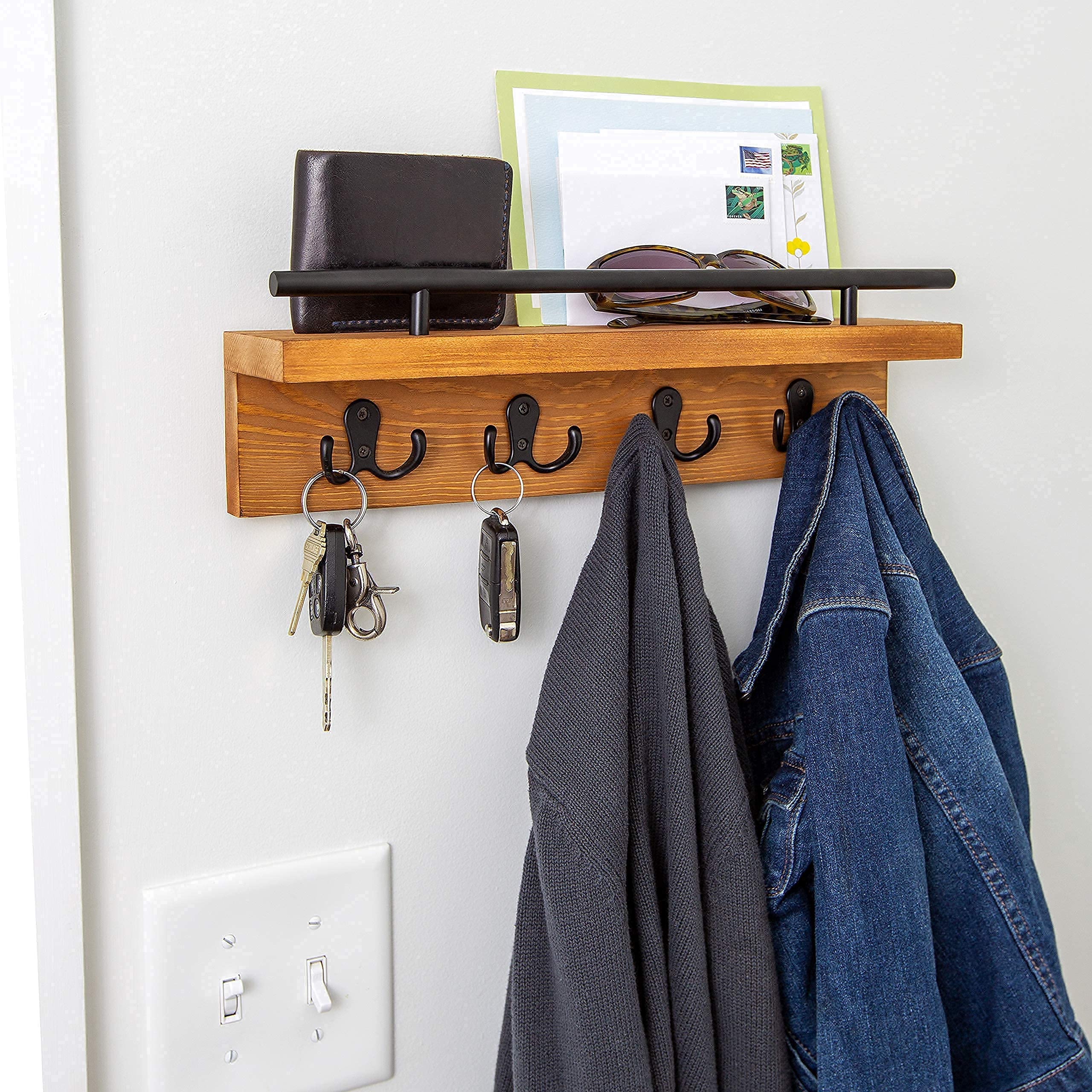 Ripple Creek Mail and Key Holder for Wall, Decorative Wooden Wall Shelf with Hooks, Wall Mounted Coat Rack with Shelf, Keys Organizer, Entryway Hooks with Home Bathroom Kitchen (Light Brown, Large)