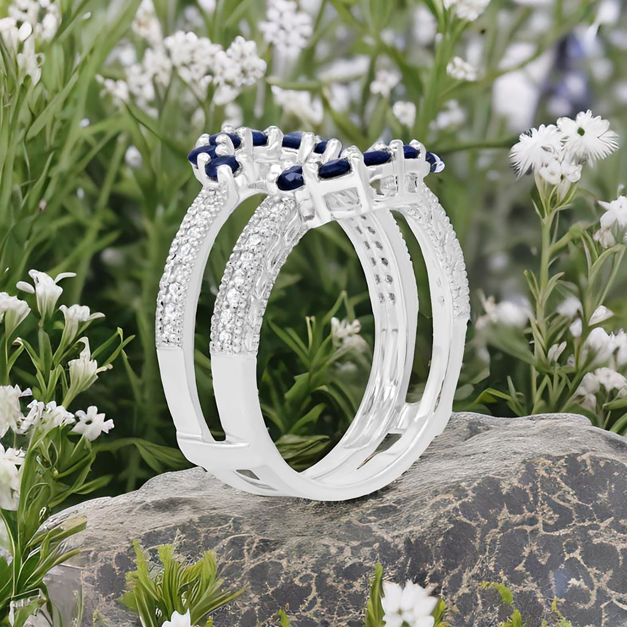 Dazzlingrock Collection Round Blue Sapphire & White Diamond Ladies Enhancer Curved Double Guard Matching Wedding Band | 925 Sterling Silver, Size 8