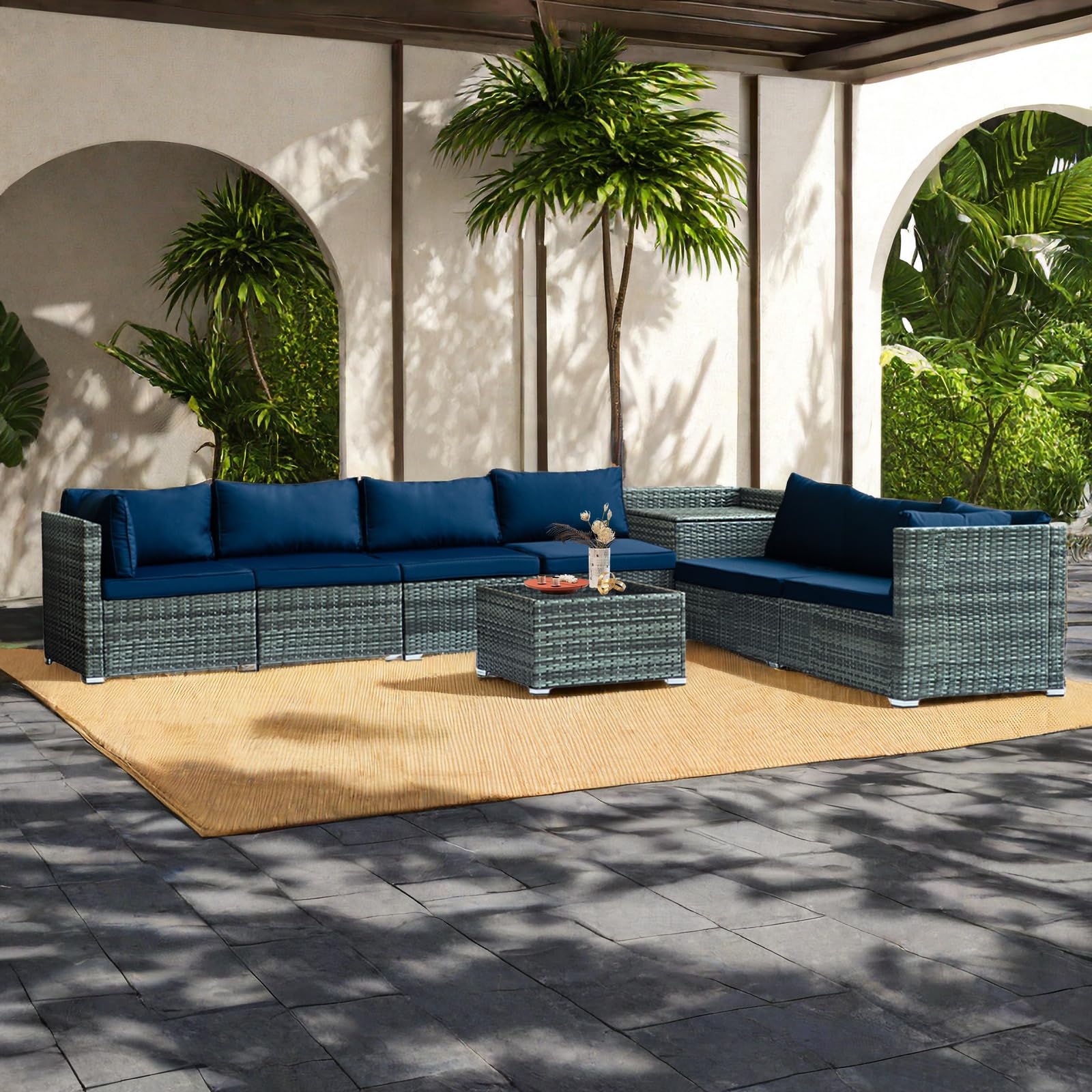 Generic 8 Pieces Outdoor Wicker Rattan Patio Furniture Sectional Set, Modular Sofa Sections with Cushions, PE Rattan Wicker Conversation Sets with Glass Top Coffee Table & Hidden Storage (Gray-Blue)