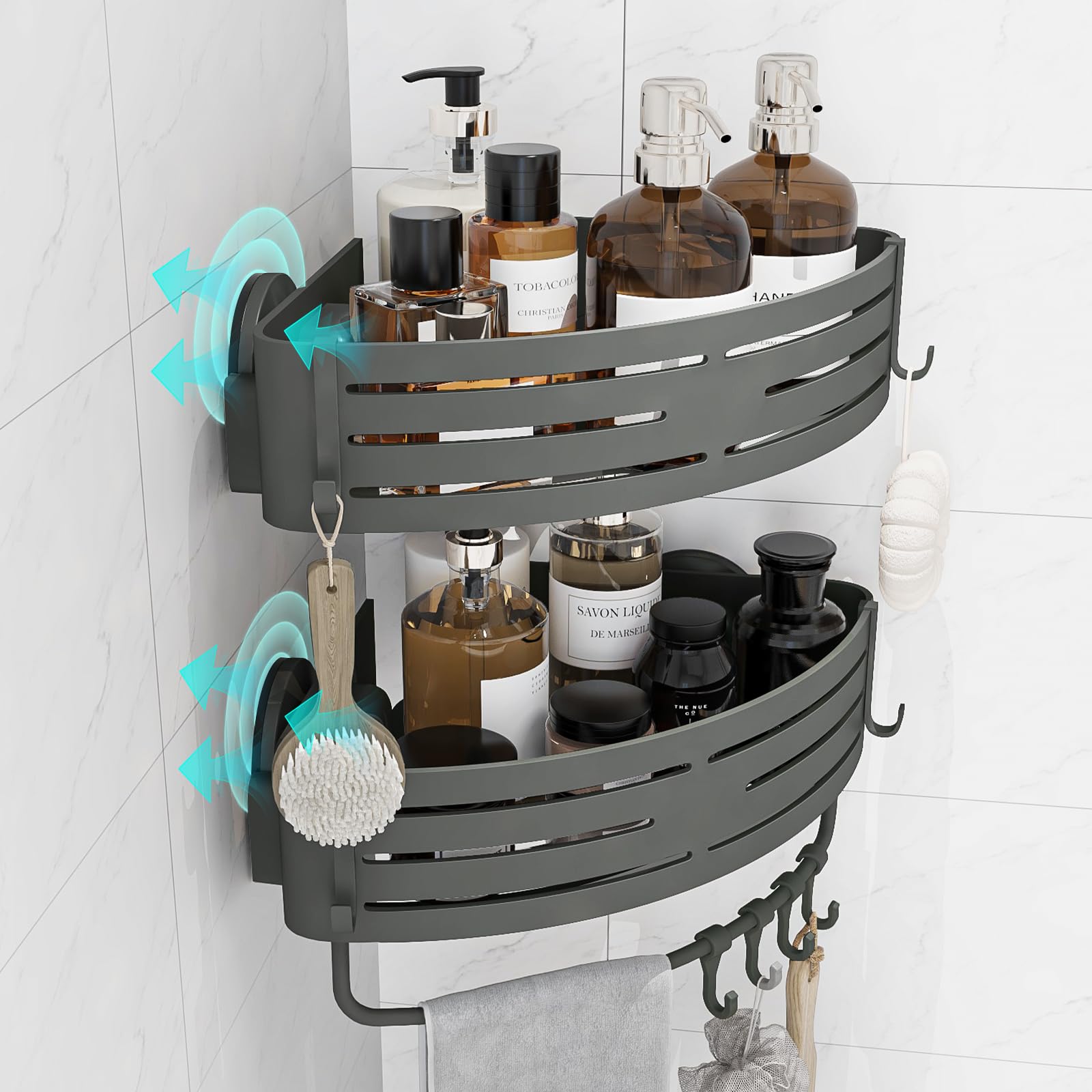 JIPORIER Corner Shower Caddy Suction Cup with 8 Hooks & 1 Towel Bar, 2 Pack Shower Shelves for Inside Shower, NO-Drilling Shower Organizer, Rustproof Shower Caddies Storage