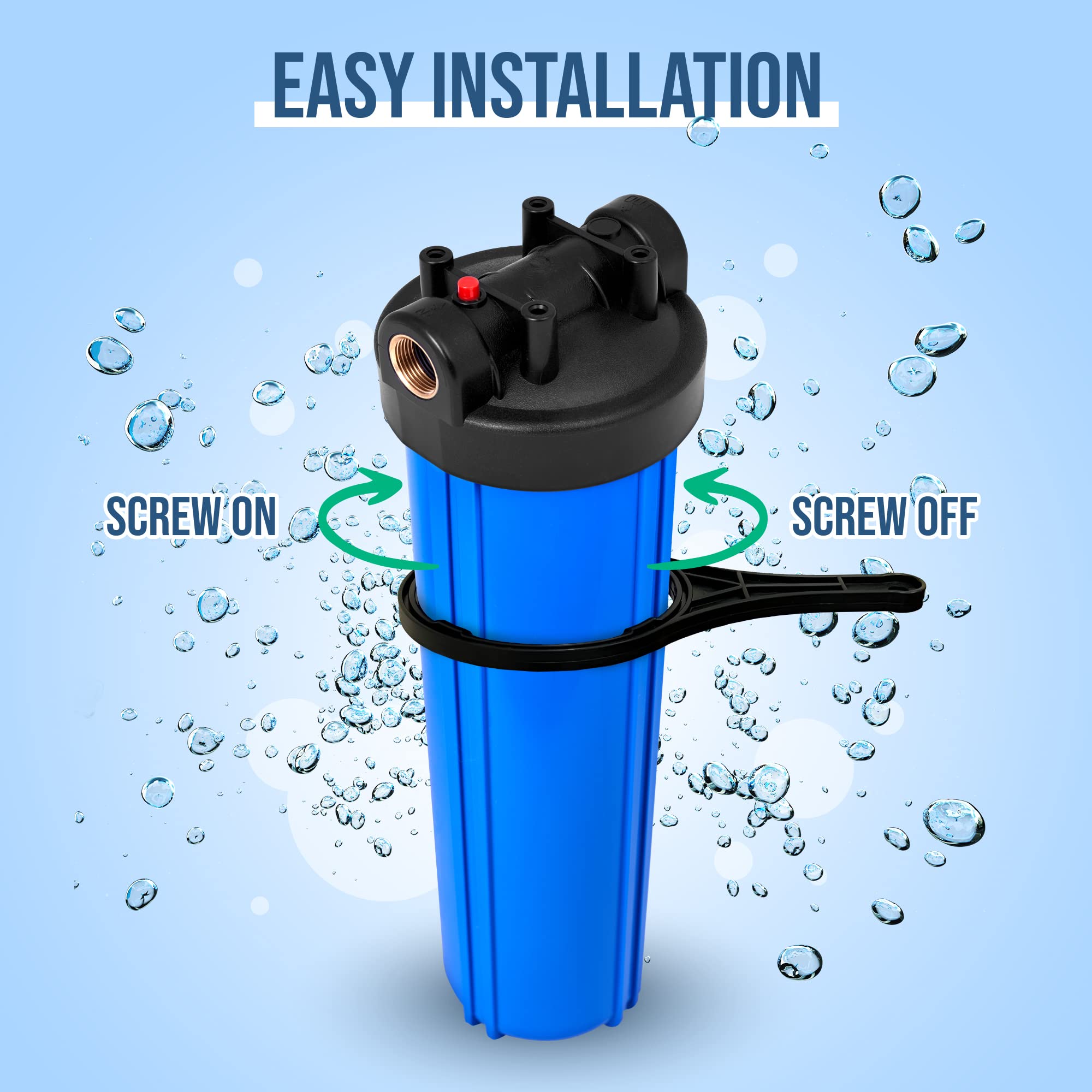 High Capacity 20 x 4.5” Blue Whole House Water Filter Purifier System with Presser Relief Button, 1” Inlet/Outlet Brass Port & Yearly Supply (3) Coconut Shell Activated Block Carbon Cartridges