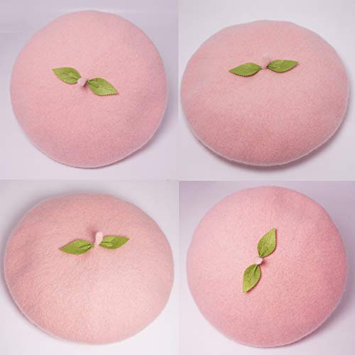 Kawaii Handmade Cartoon Beret Hat Green Leaves Fruit Cosplay Vintage Lolita Mori Girl Wool Cap Gift (Pink)