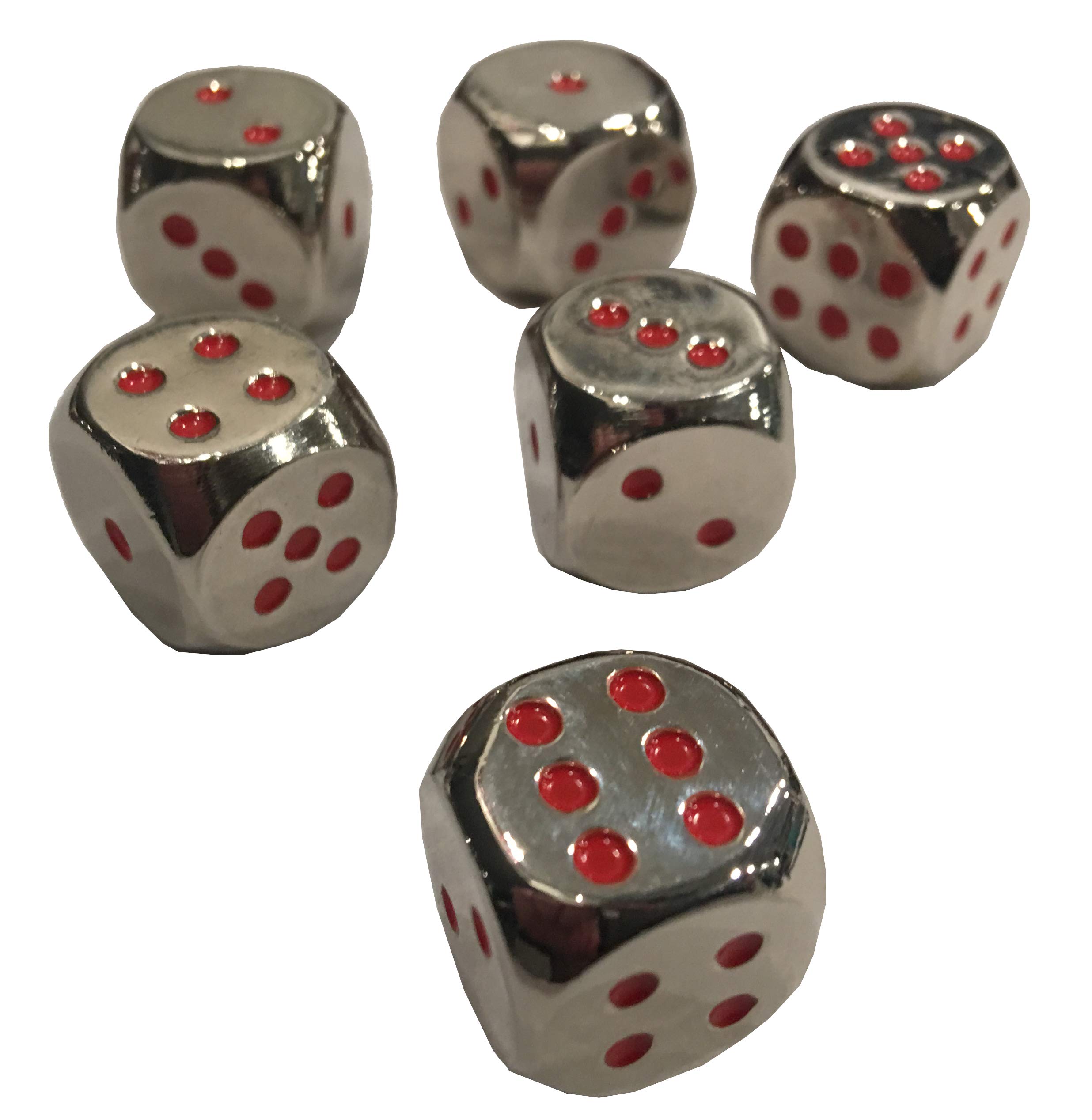 Set of 6 Dice World Solid Zinc Alloy Metal Dice (16mm) with Red Pips