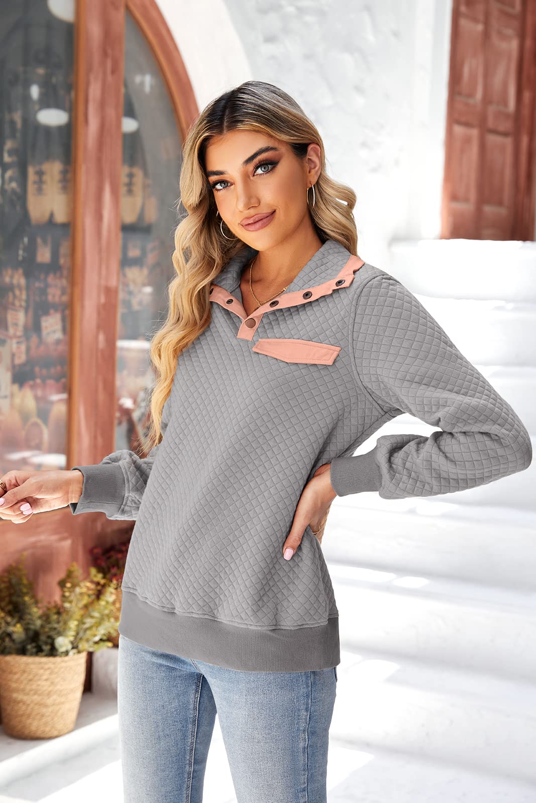 Chuanqi Womens Quilted Sweatshirts Casual Long Sleeve Outdoor Stand Collar Snap Pullover Tops