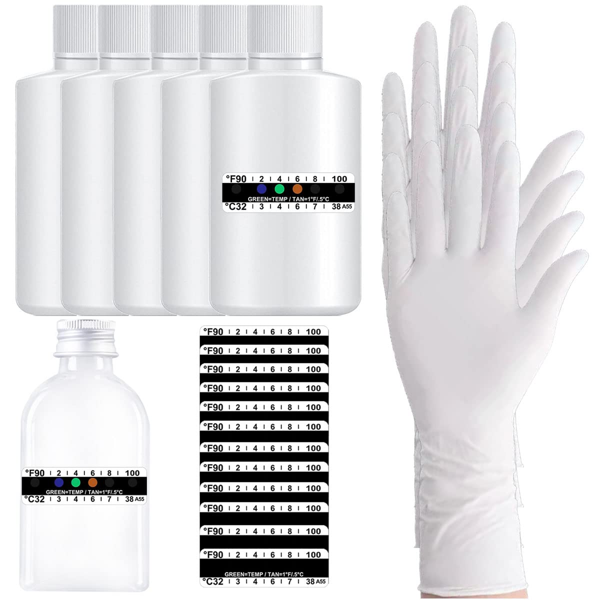 Fortunemee 22Pcs Urine Test Complete Kit Include 6 Empty Bottles, 12 Temperature Test Strips Urine Test Strips Portable Travel Bottle Adhesive Thermometer Strips, 4 disposable gloves for Urine Testing