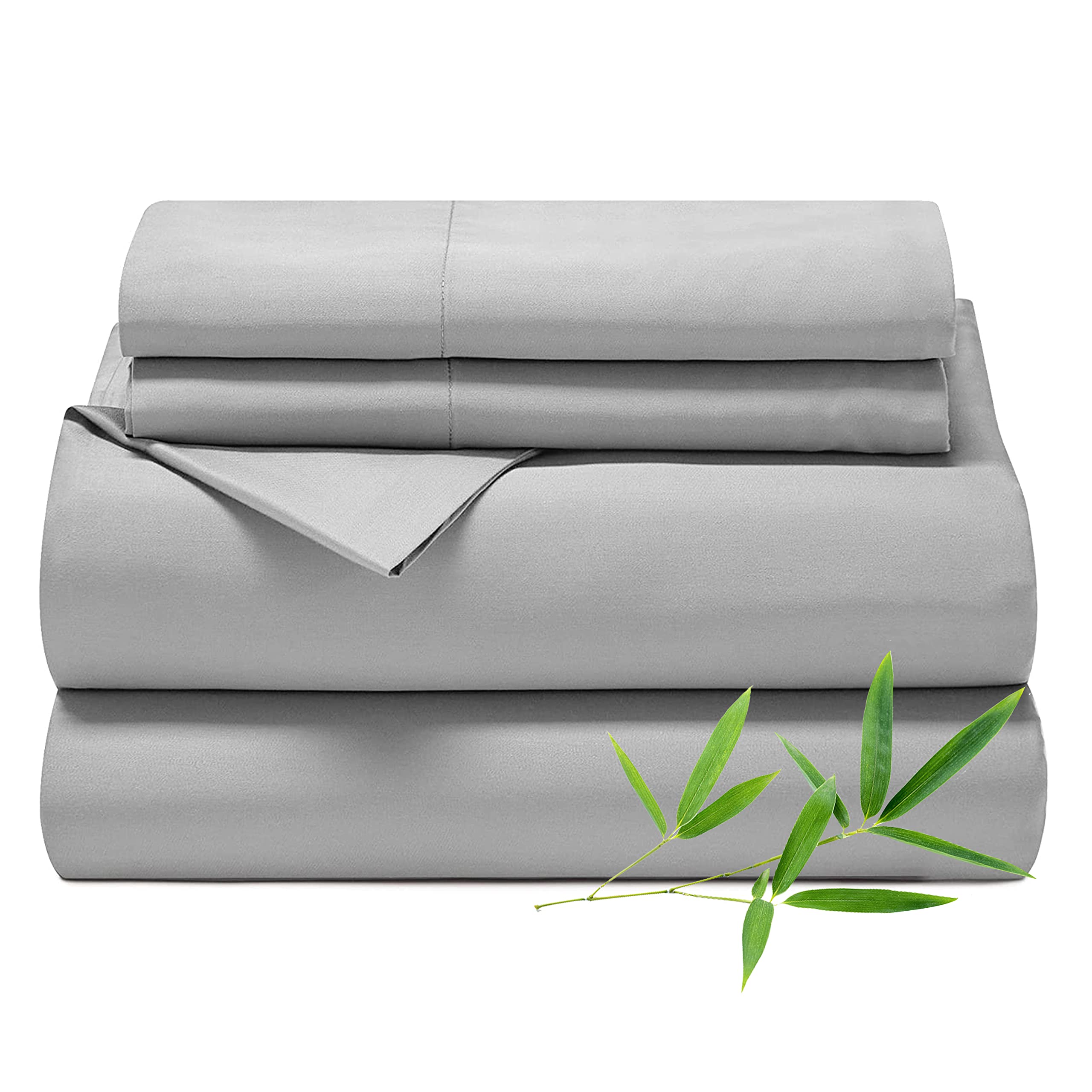 CozyLux Cooling Sheets King Size, Rayon Derived from Bamboo, Oeko-TEX Certified Luxuriously Soft & Silky Sheet Set - 16" Deep Pockets 4 Piece Bedding Sheets & Pillowcases,Light Grey
