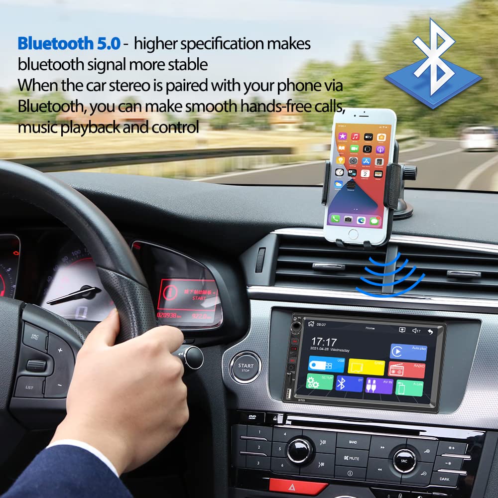 Double Din Car Stereo Built-in Apple CarPlay and Android Auto, 7 Inch Touchscreen Radio with Bluetooth 5.0 and 12LED Backup Camera, Phone Mirror-Link Car Multimedia Player Audio Receiver