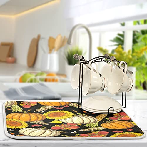 Summer Sunflowers Dish Drying Mat for Kitchen Counter 16x18 In Pumpkins Reversible Cute Sunflowers Tableware Pad Dish Drainer Rack Mats Fast Absorbent Kitchen Accessories for Countertop Sink