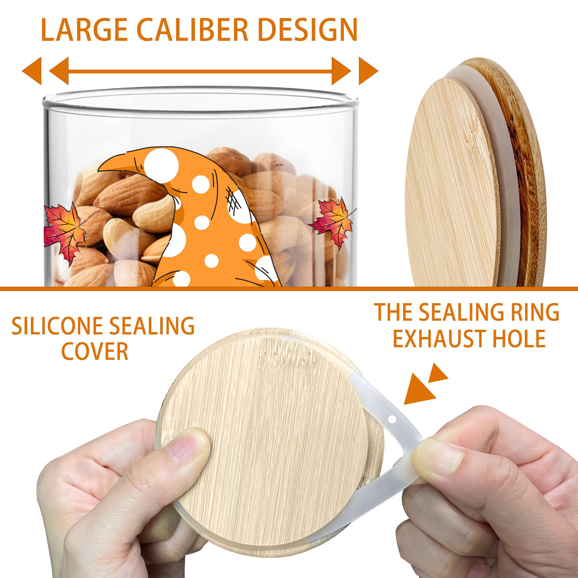Fall Decor 3 Pack Glass Storage Jars with Airtight Bamboo Lid-Fall Pumpkin Gnomes Canisters Sets for Kitchen Countertop Autumn-Clear Fall Glass Storage Jars for Coffee Bean, Cookie, Candy, Tea, Flour