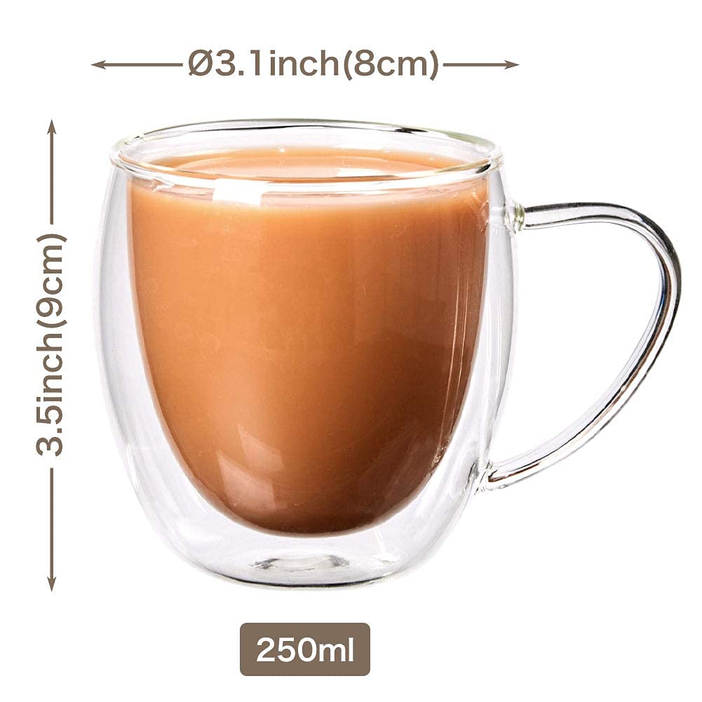 EZOWare Set of 4 Double Wall Coffee Mug Set, 8oz Clear Glass Thermal Insulated Cups with Handles for Hot or Cold Beverages, Espresso, Coffee, Tea, Cocoa, Latte, Cappuccino
