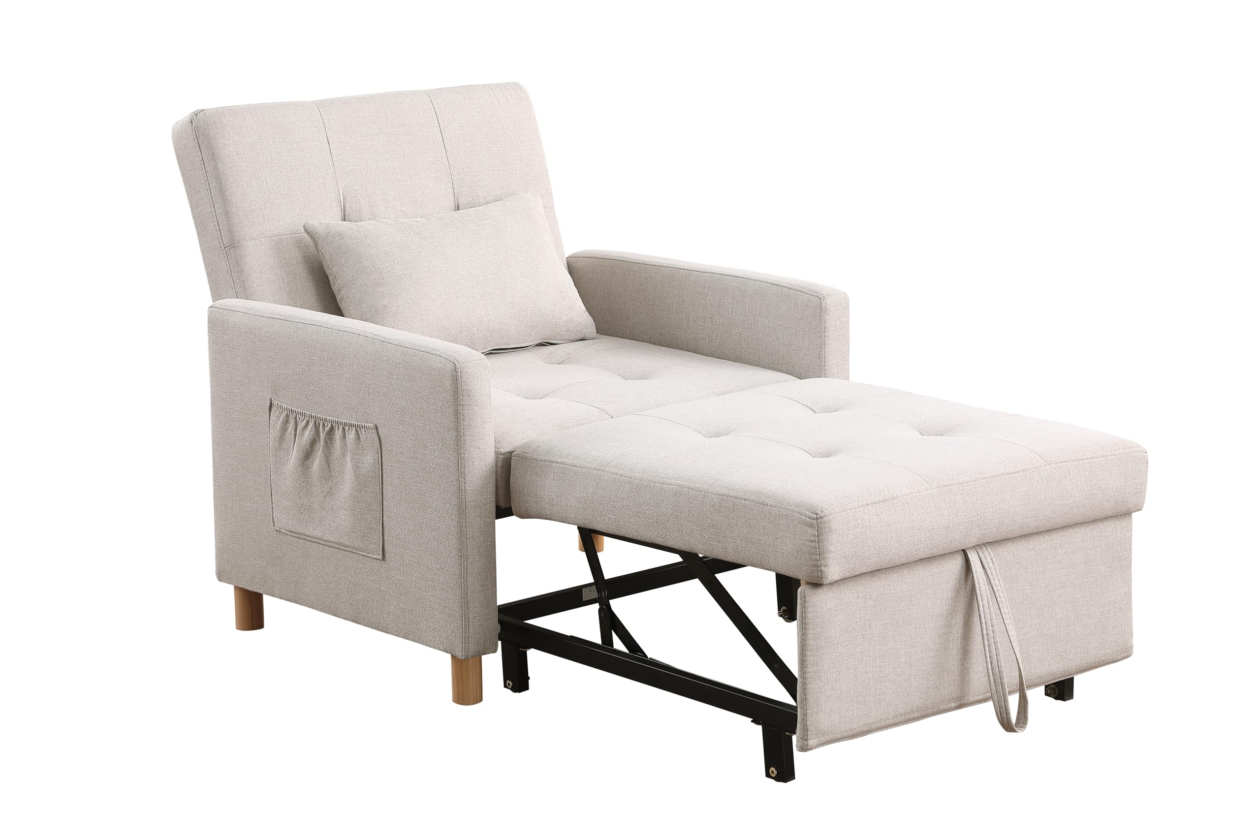 Keainvren Sleeper Chair Bed Convertible Chair Bed Sleeper Pull Out Sofa Bed with Adjustable Backrest Linen Fabric Convertible Chair to Bed with Side Pocket for Living Room, Apartment-Beige