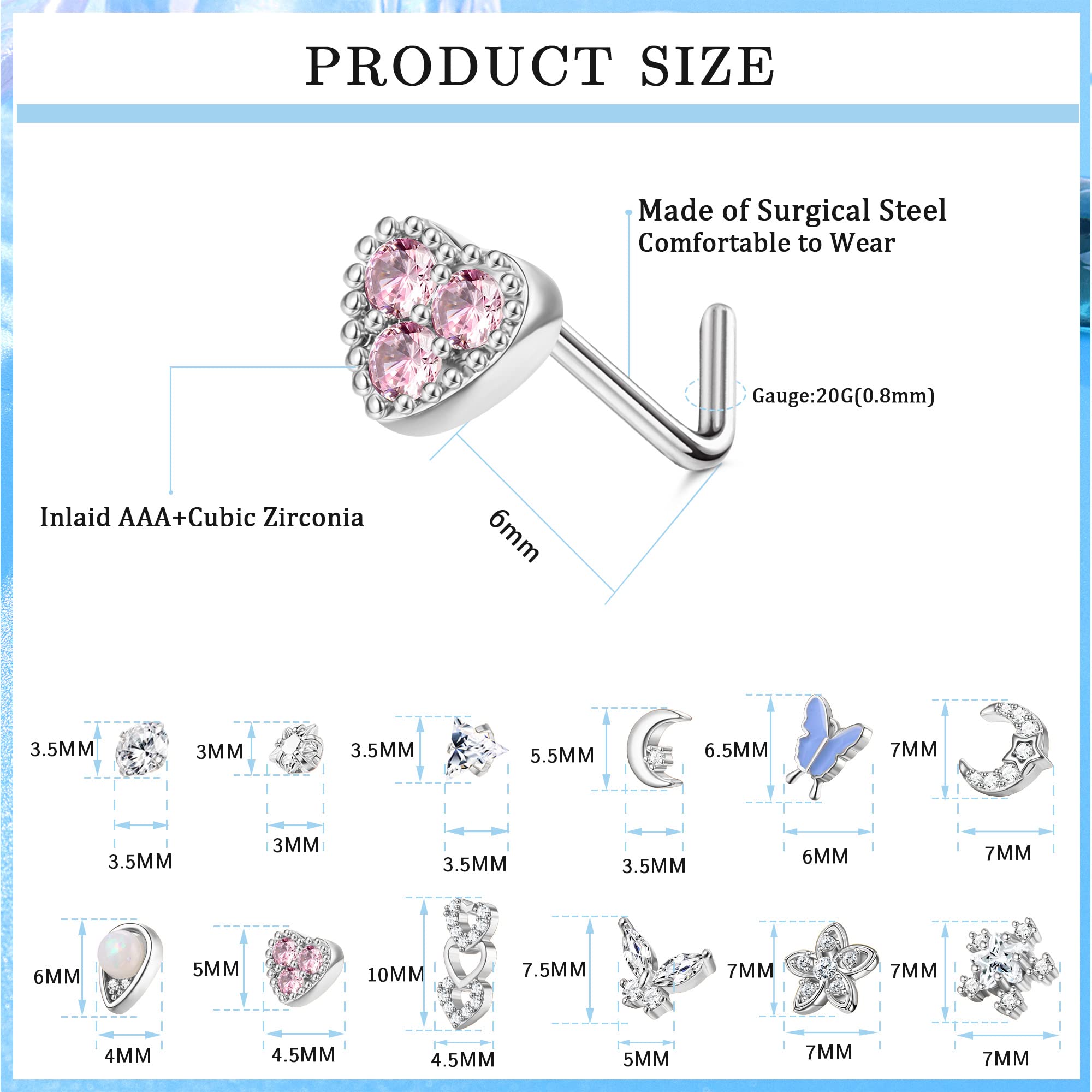 DOLOTTA 12PCS 20G Surgical Steel Nose Rings Studs for Women Men CZ Moon Star Butterfly Nose Rings L Shaped Opal Snowflake Flower Nose Studs Silver