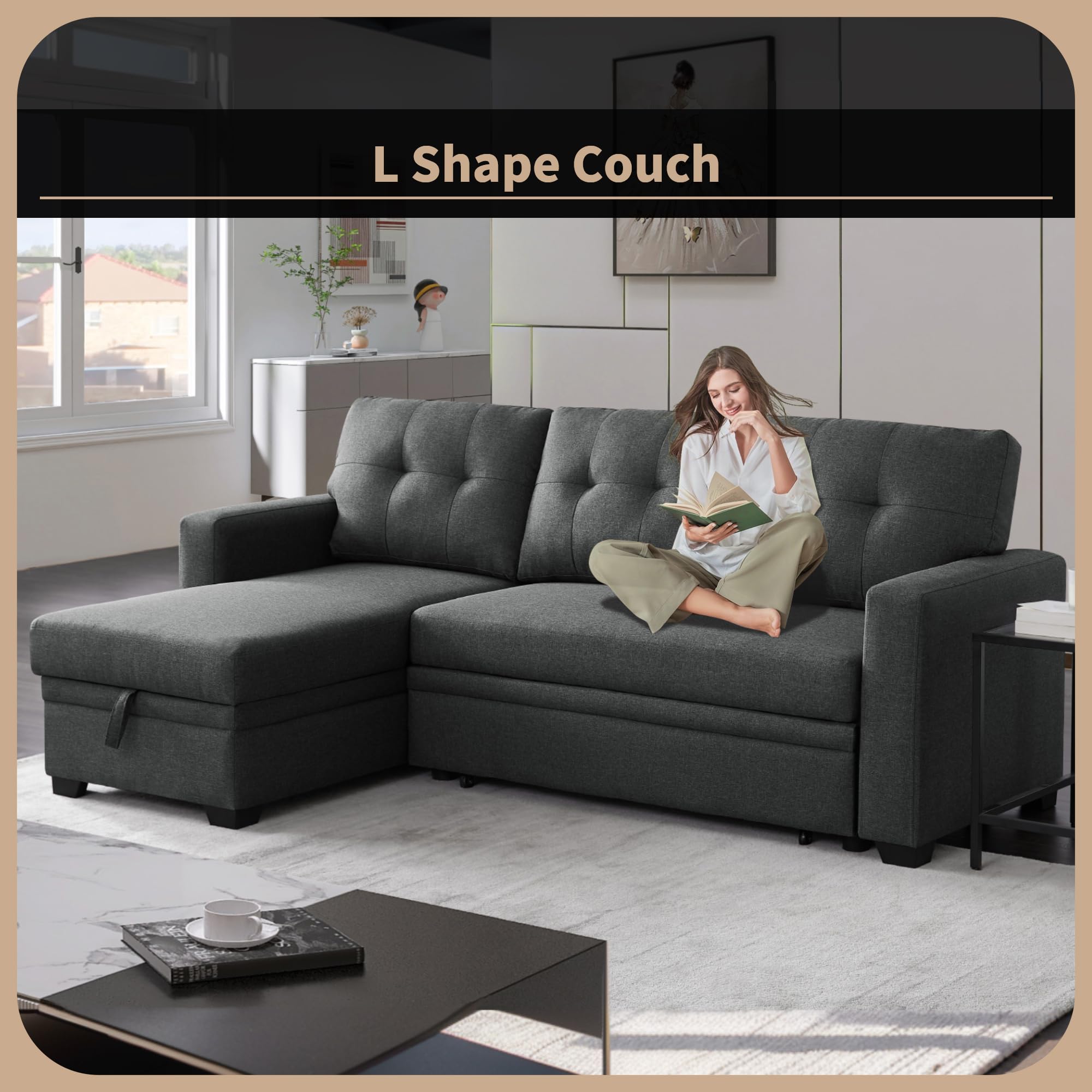 HHOK Pull Out Modular Sleeper Sofa Bed Living Room Furniture Sets, L Shaped Sectional Comfy Couch Upholstered with Reversible Storage Chaise Bench for Apartment, Home - Dark Gray Sofá