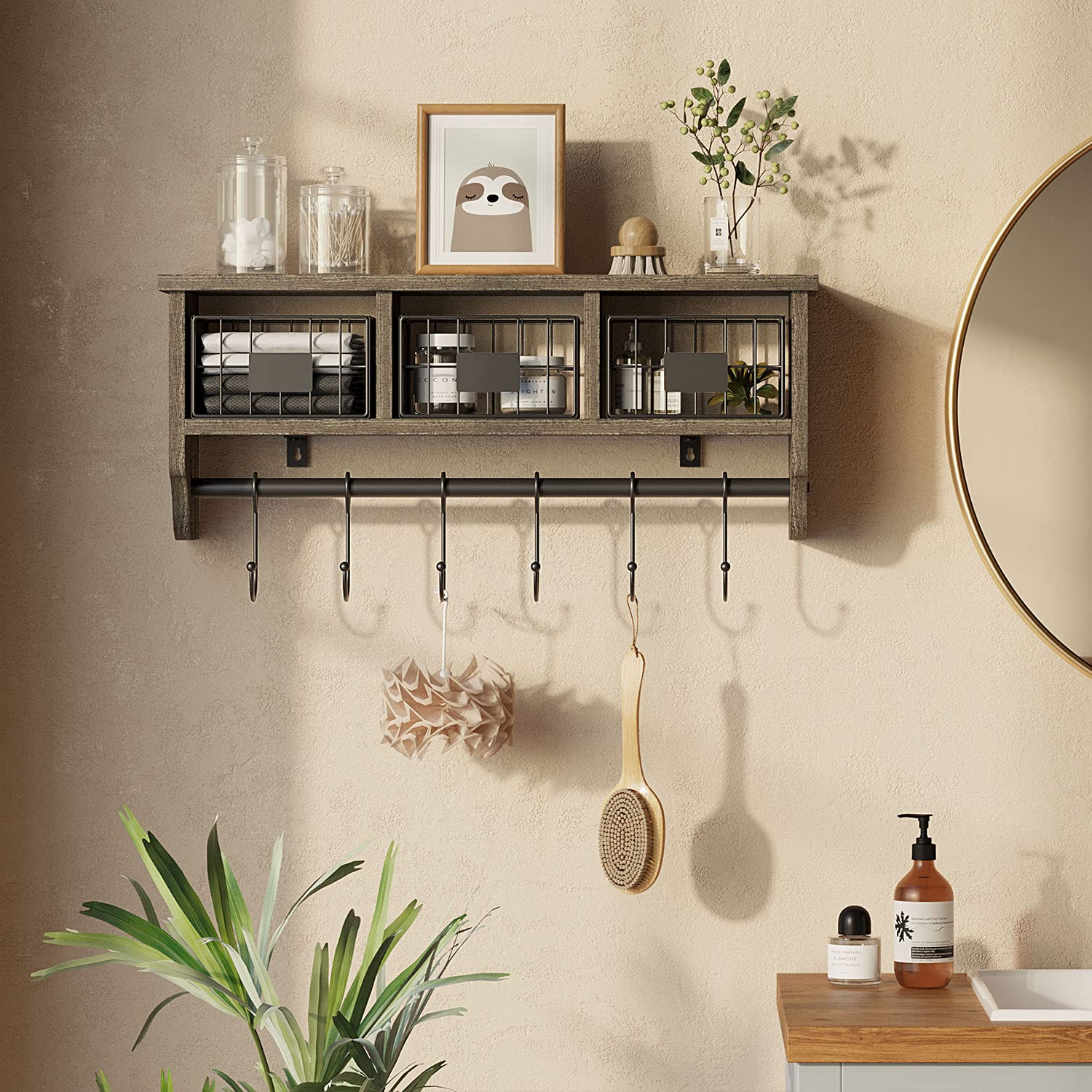 Rolanstar Wall Mounted Shelf with Hooks, Entryway Organizer Shelf with Storage Basket, Wall Mount Coat Rack with 6 Hooks, 24”Coffee Bar Hanging Shelf for Living Room,Bathroom,Kitchen,Grey