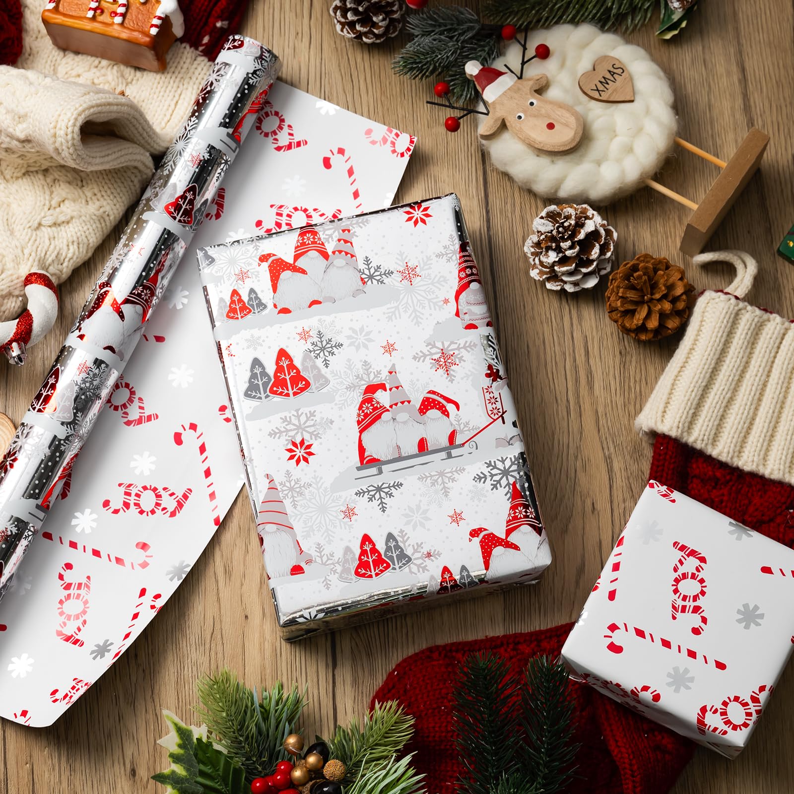 Flyhill Christmas Reversible Wrapping Paper Roll-17in X 33ft(46.8 sqft)-Metallic Foil Shine Red and Gray Gnomes & Christmas Trees Patterns with Joy letterings,Snowflake,Candy Canes for Birthday,Party