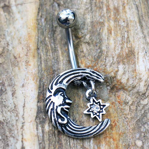 Dynamique 316L Surgical Steel Vintage Moon and Star Belly Button Ring (Sold Per Piece)