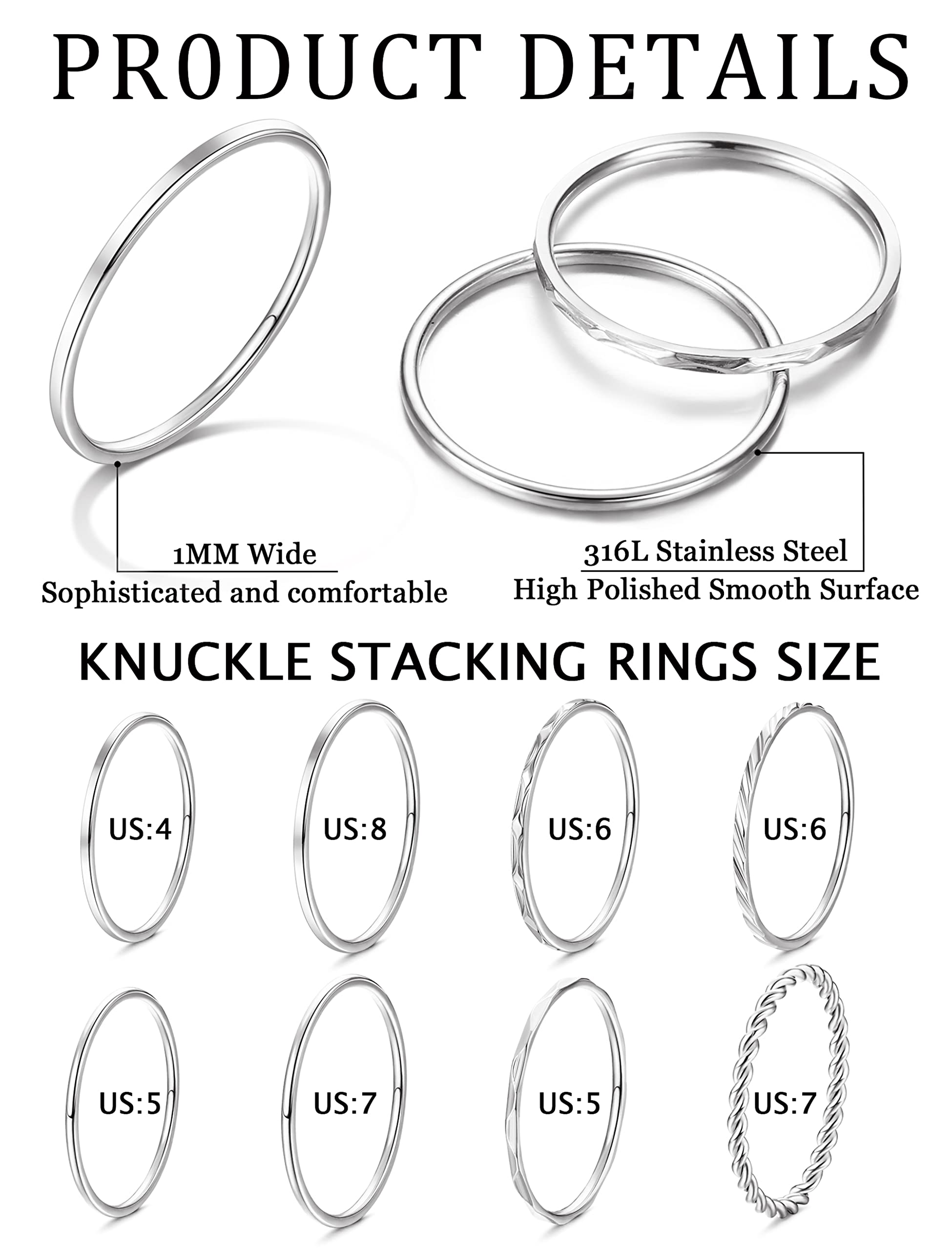 DOLOTTA 8Pcs 1mm Stainless Steel Ring Set Women's Plain Band Knuckle Rings Stacking Midi Rings Comfort Fit Silver/Gold Tone Size 4 to 8