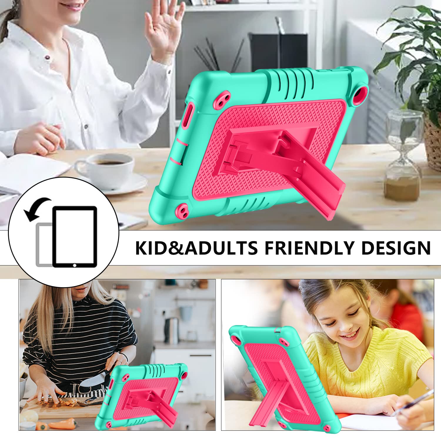 FIEWESEY Case for Walmart ONN 7 Inch Gen 3 2022 Tablet(Model:100071481),Shockproof Kids Friendly Rugged Case with Shoulder Strap & Stand Cover for Walmart Onn 7 Inch 3nd Gen 2022 Tablet (Green/Pink)