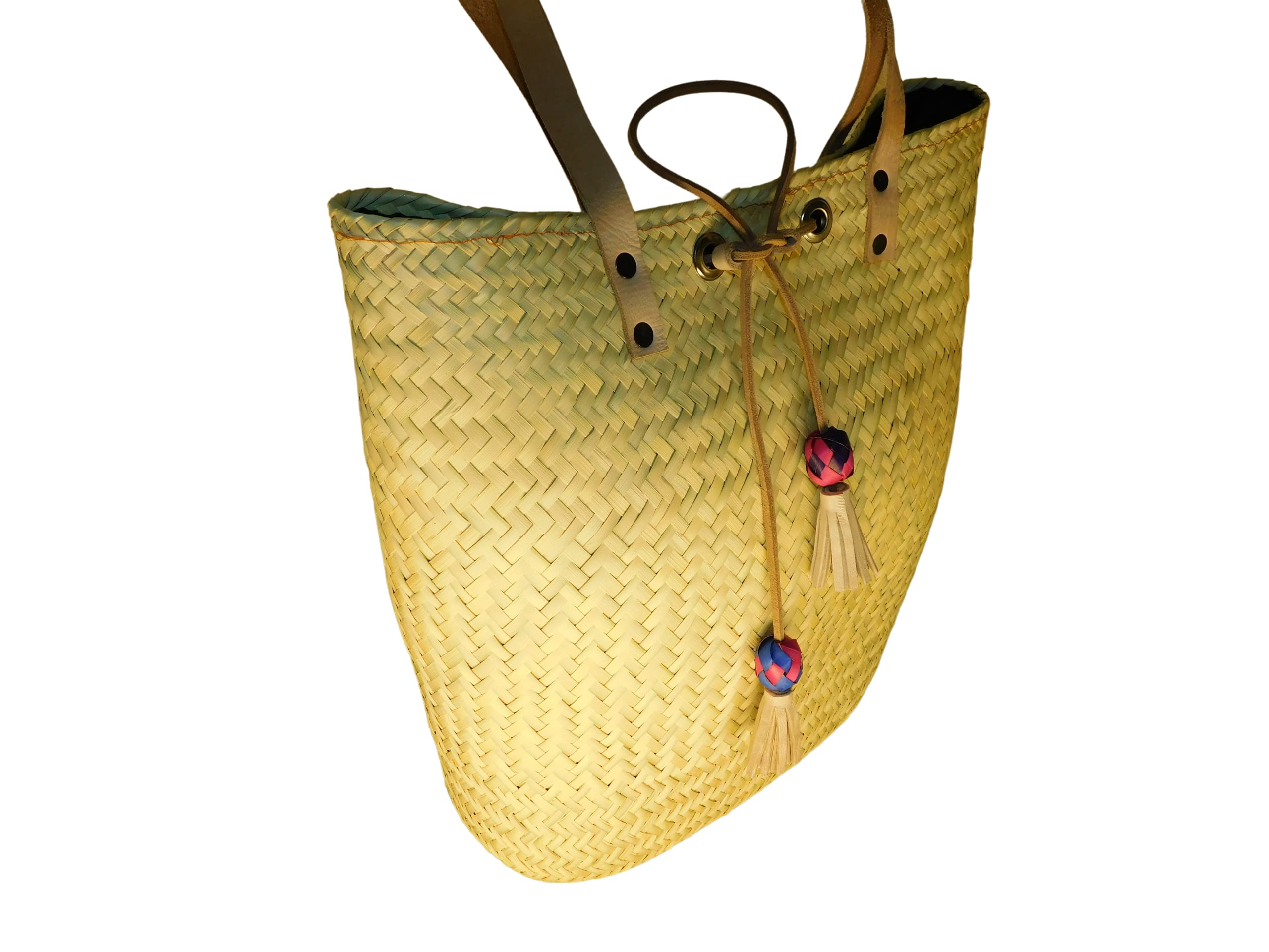 Handwoven Palm Leaf Tote bag, Beach Bag with leather straps and colorful tassels, Handcrafted in Mexico. (Beige strap)