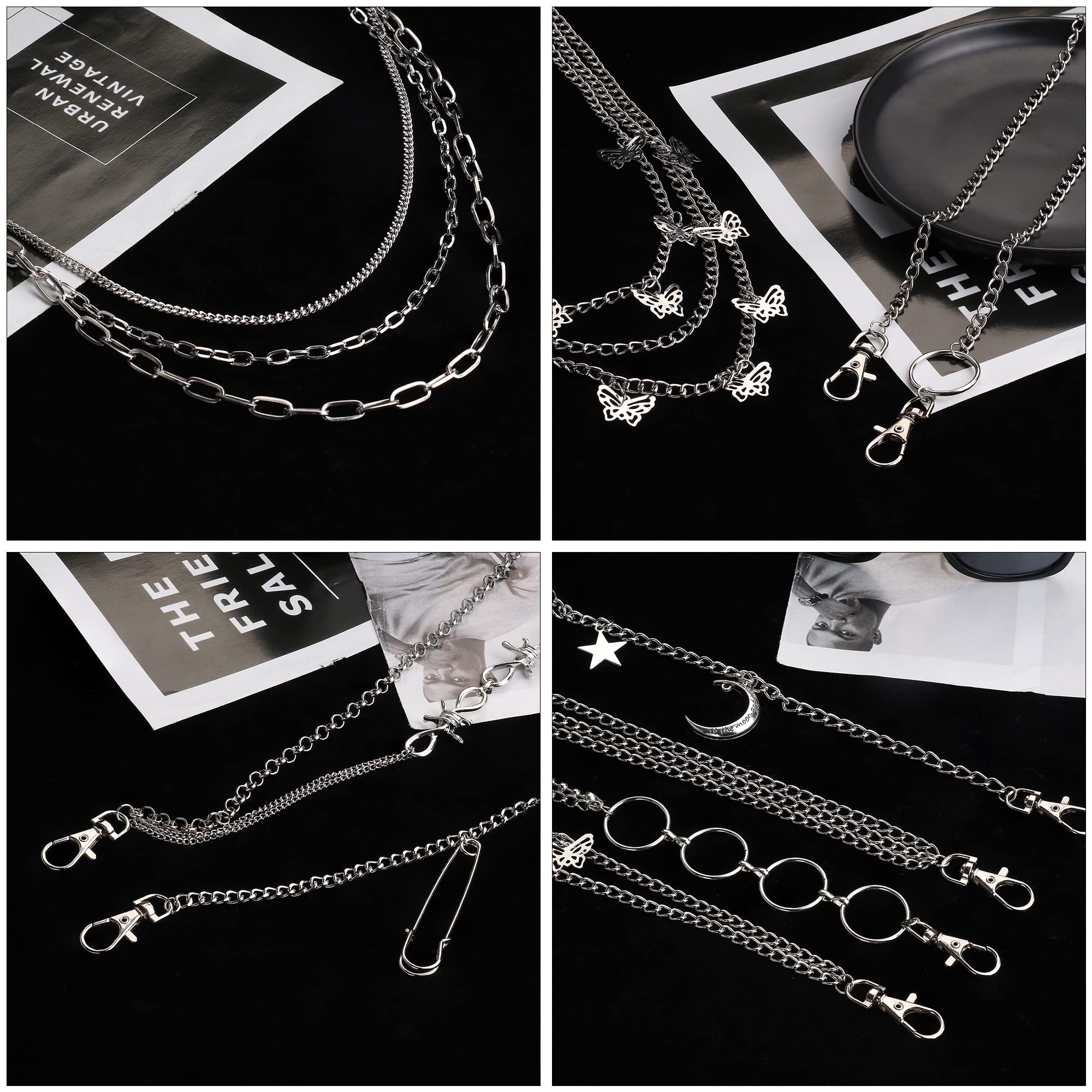 DOLOTTA 9 Pieces Pants Chain Wallet Chain Belts for Women Men Goth Accessories Hip Hop Punk Chain Butterfly Lock Jeans Chains Pocket Rock Chains